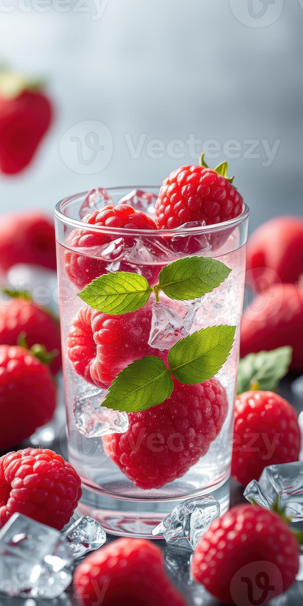 Refreshing raspberry drink with mint leaves and ice presented on a clear countertop 53876545 ...