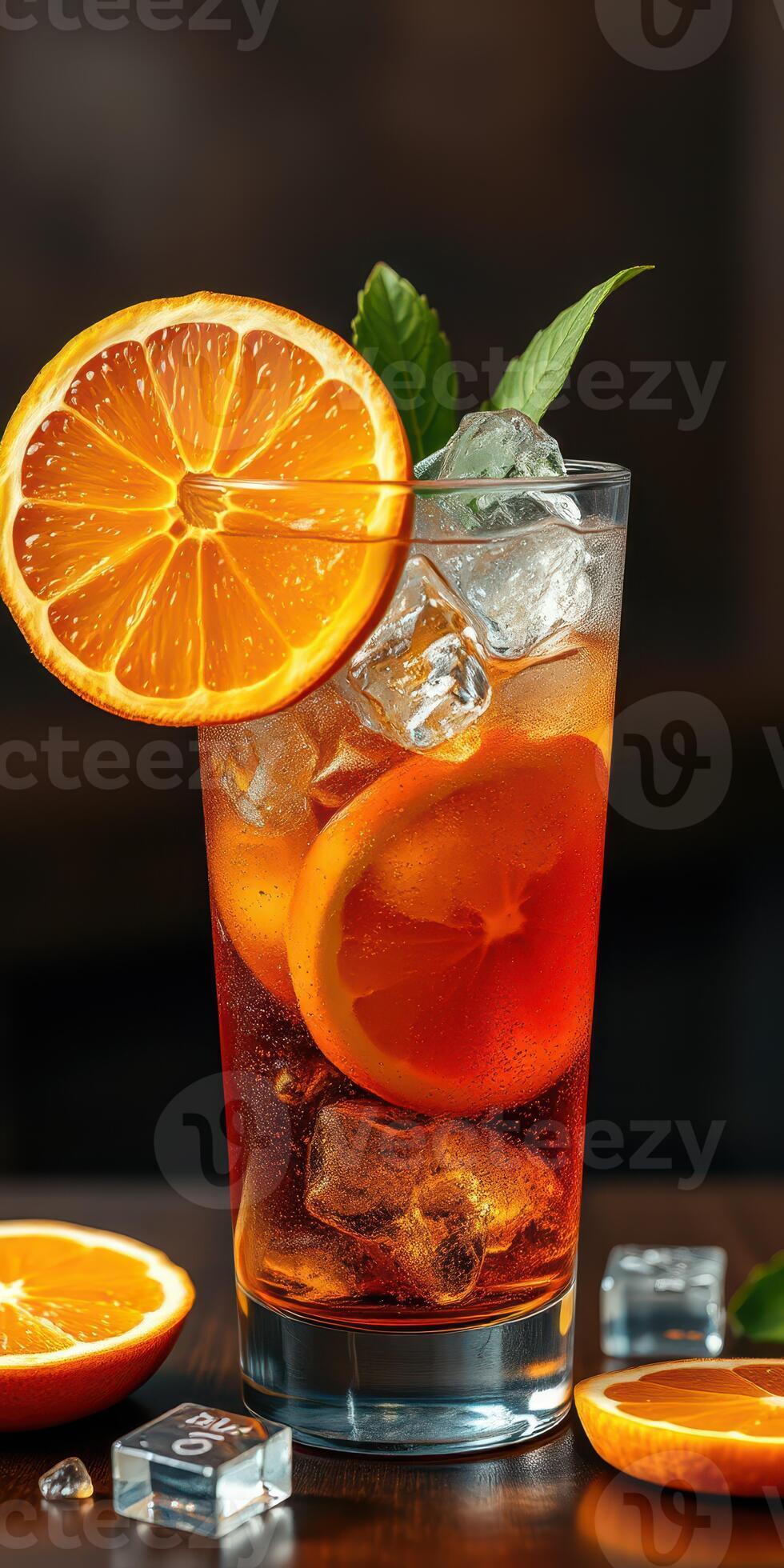 Refreshing summer beverage with citrus garnishes and ice served in a tall glass in a cozy ...