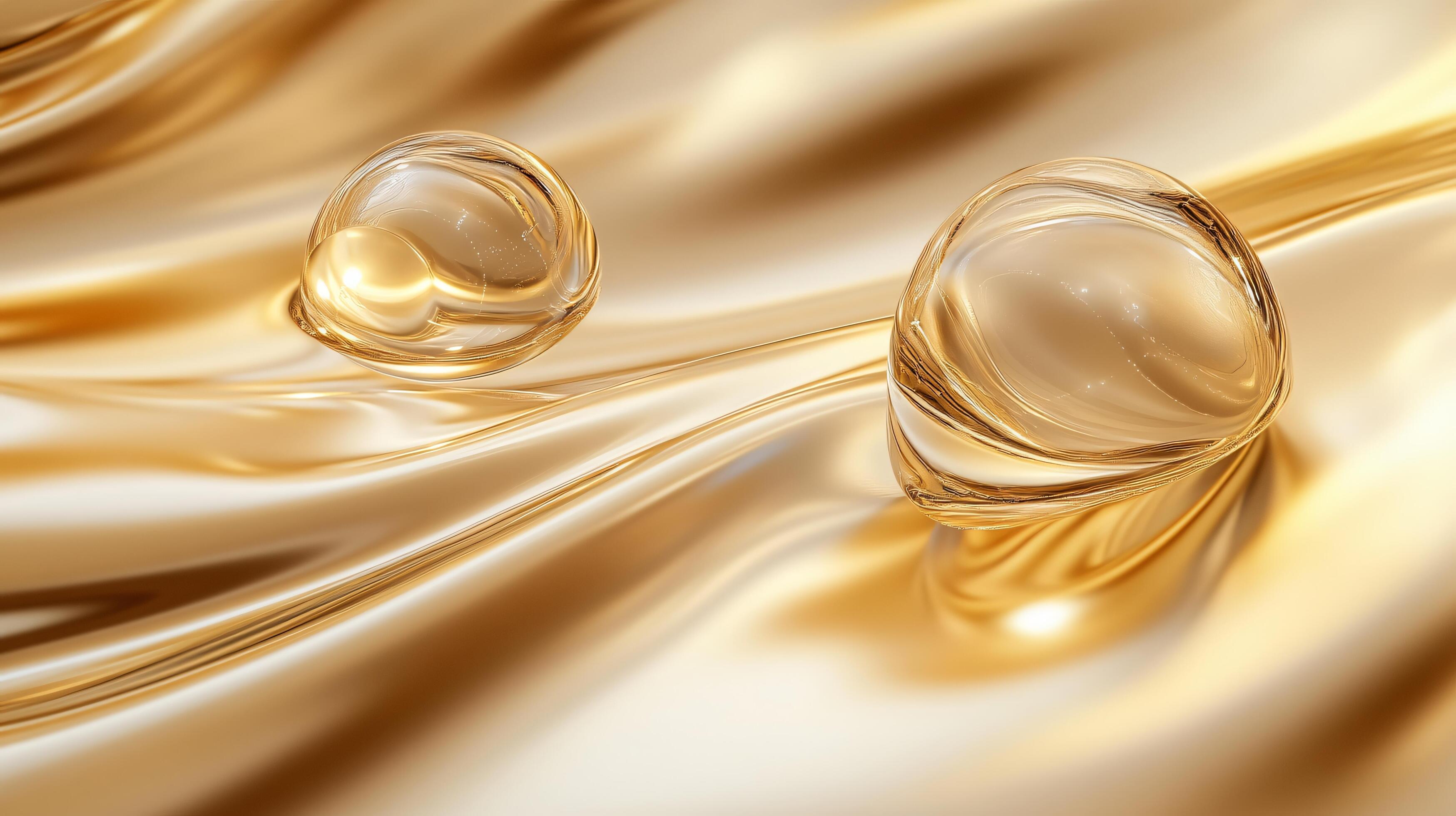 Two shiny, clear spheres are floating on a gold fabric. The spheres are surrounded by a ...