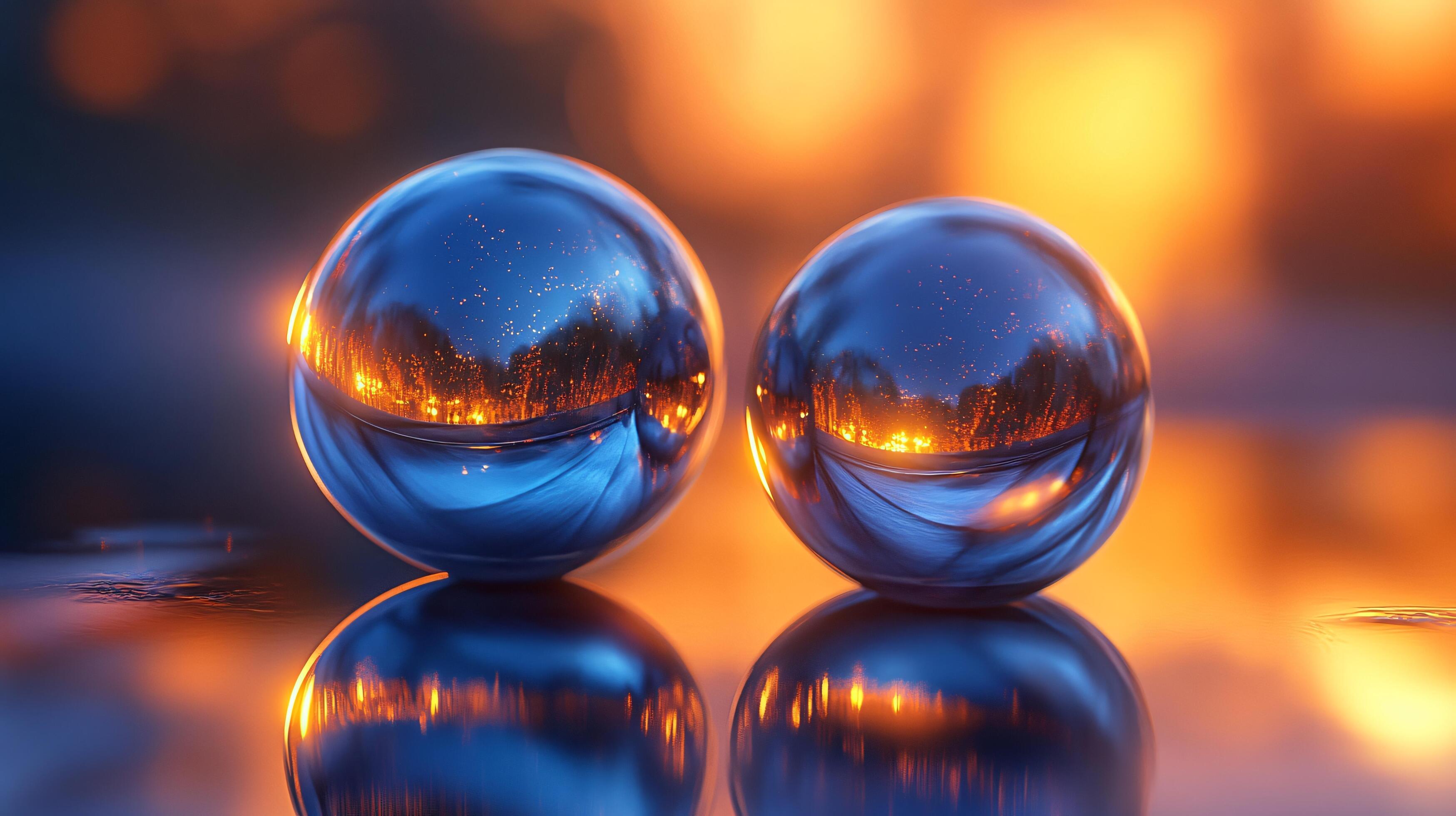Two shiny blue spheres reflecting the orange and yellow lights of the sunset. The scene is ...