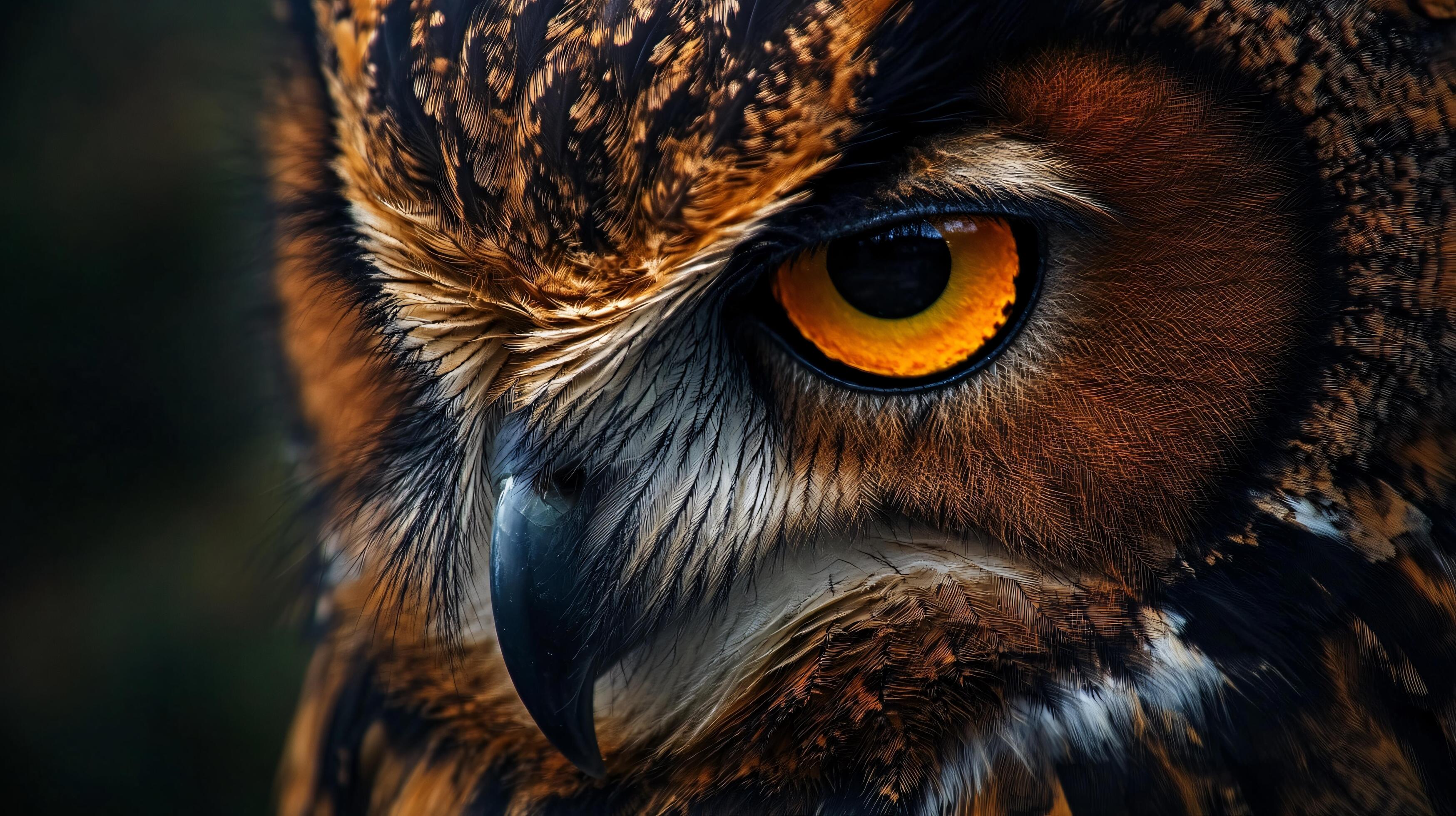Close up of an owl's face with a yellow eye. The owl's face is the main focus of the image, and ...