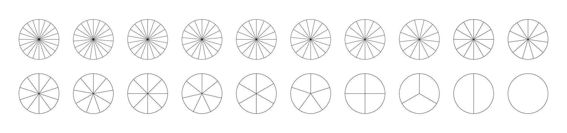 Set of pie, pizza charts. Segmented charts. Many number of sectors divide the circle on equal ...