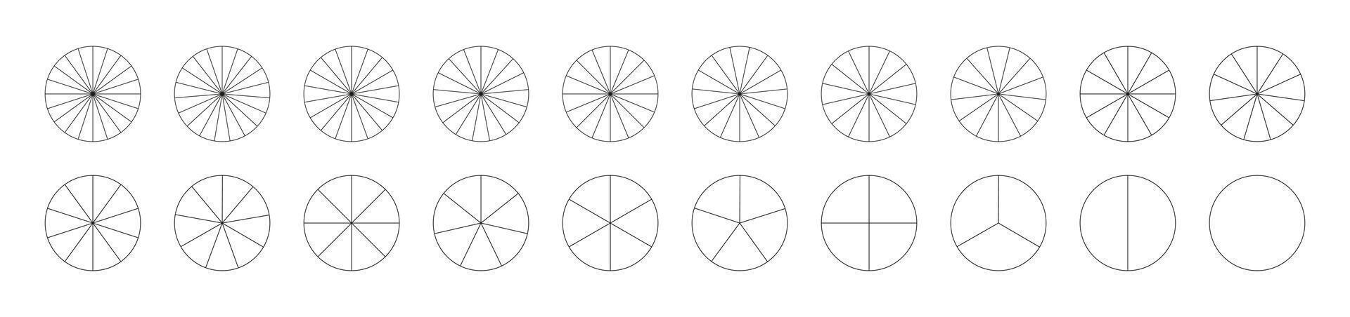 Set of pie, pizza charts. Segmented charts. Many number of sectors divide the circle on equal ...