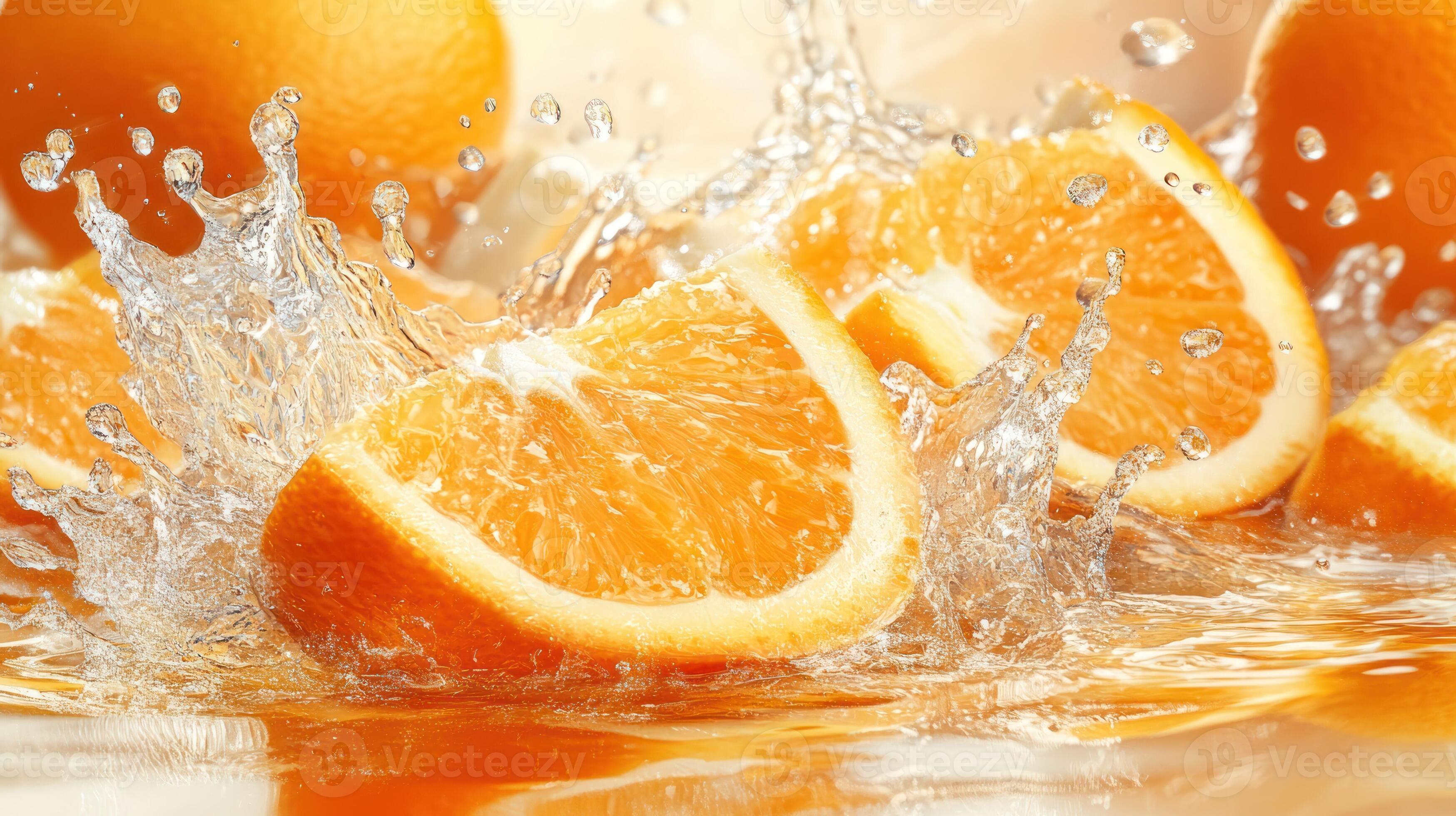 Juicy orange slices create a splash in clear water, showcasing the freshness and vibrancy of ...