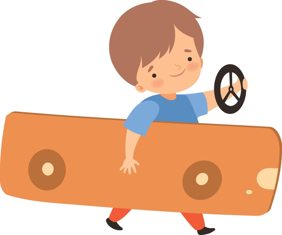 Cute Creative Boy Character Driving Toy Car Made of Cardboard Box ...