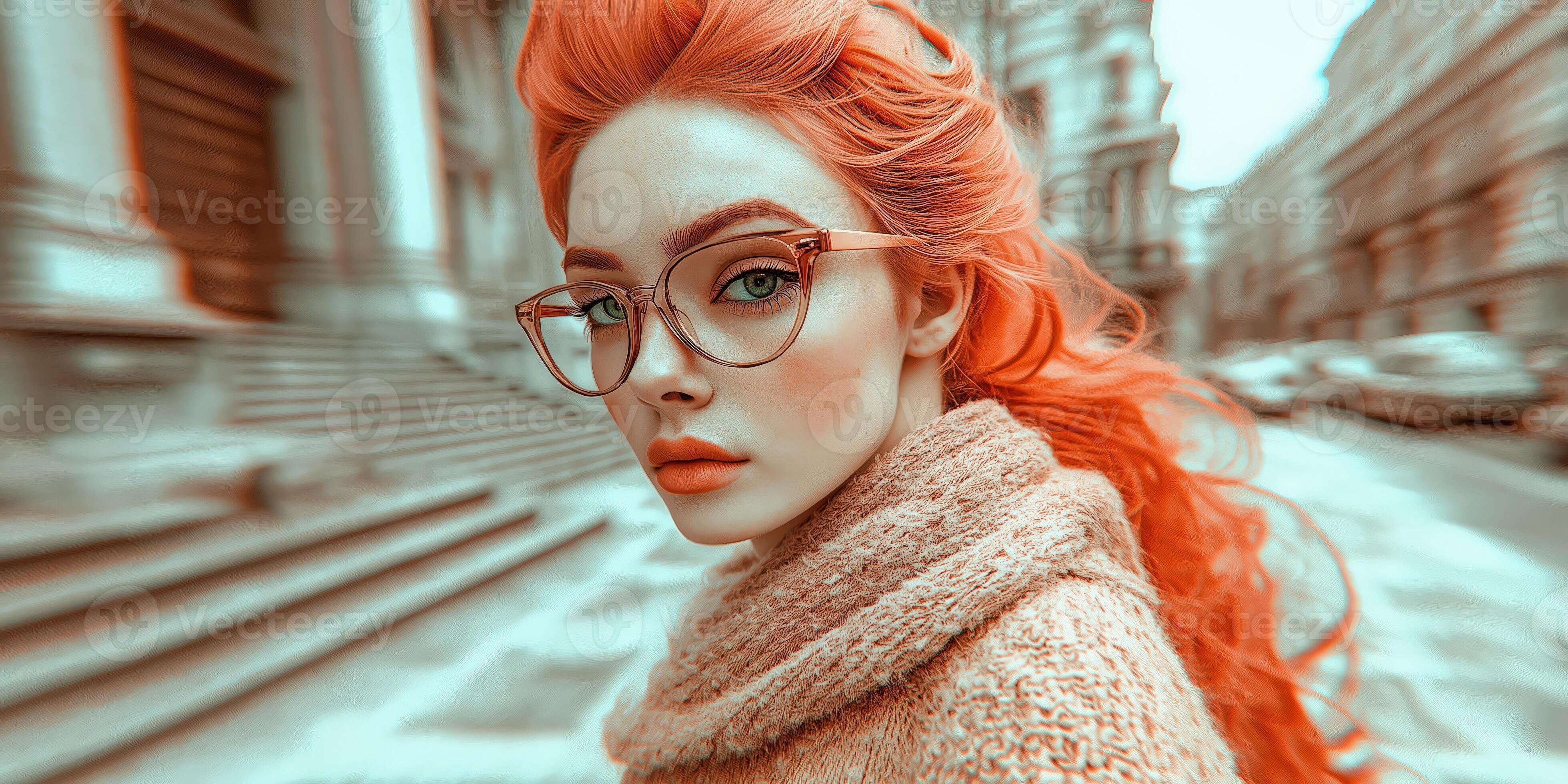 Stylish redhead woman in city street 53911748 Stock Photo at Vecteezy