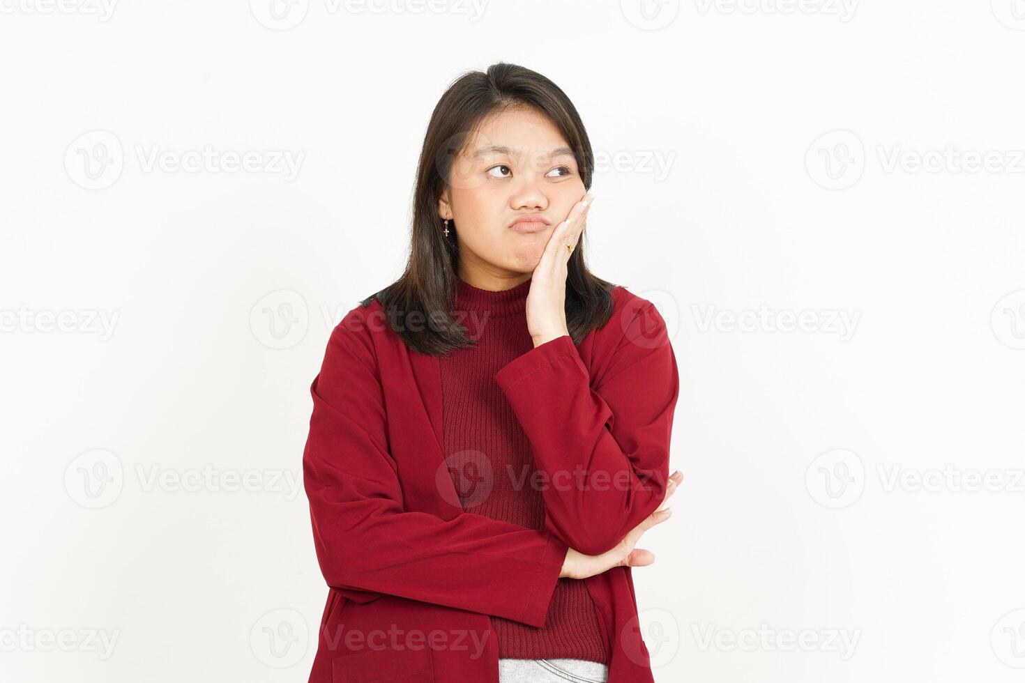 Boring Gesture Of Beautiful Asian Woman Wearing Red Shirt Isolated On ...