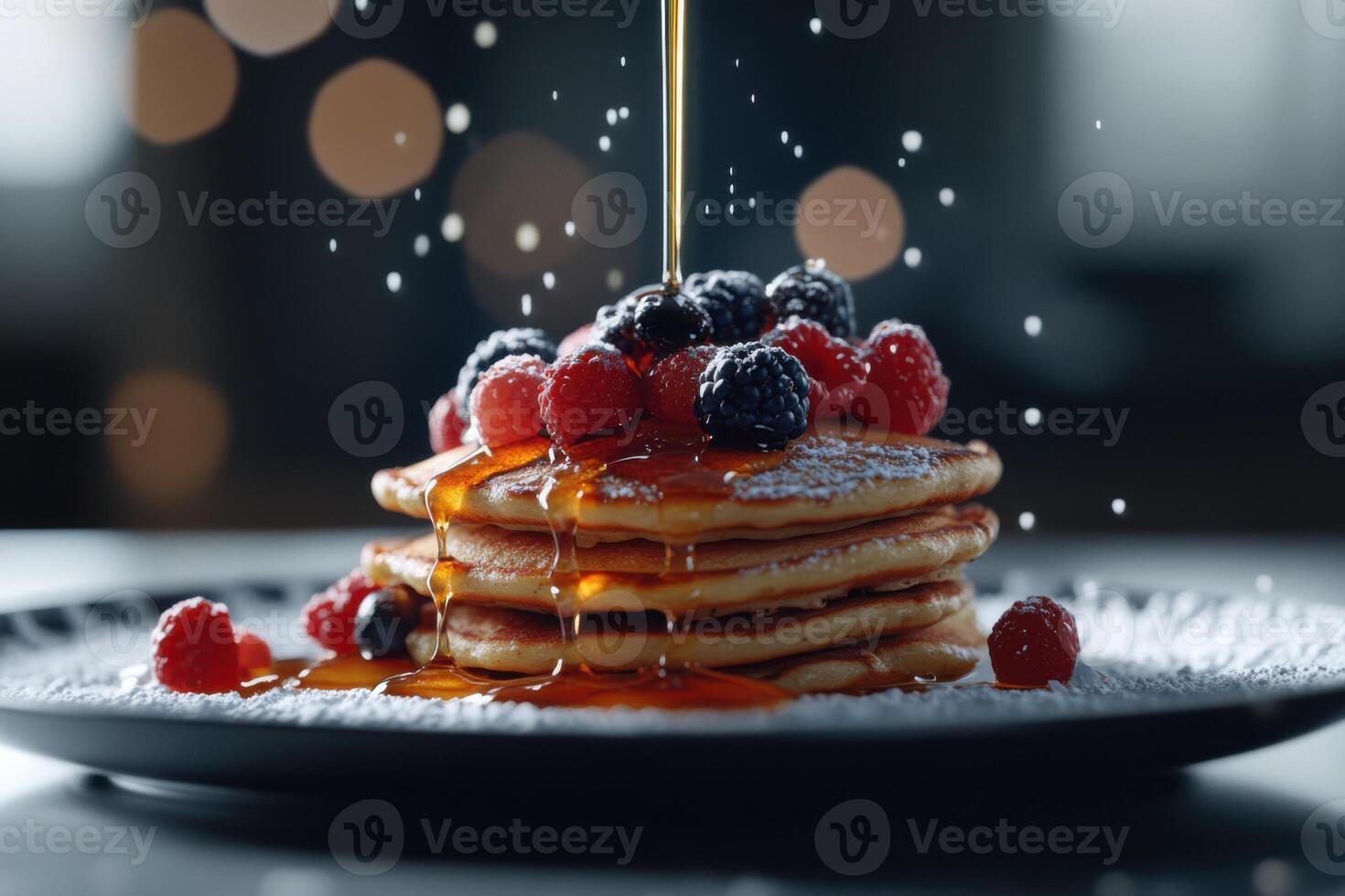Perfectly stacked pancakes topped with fresh berries and syrup for a delightful breakfast ...
