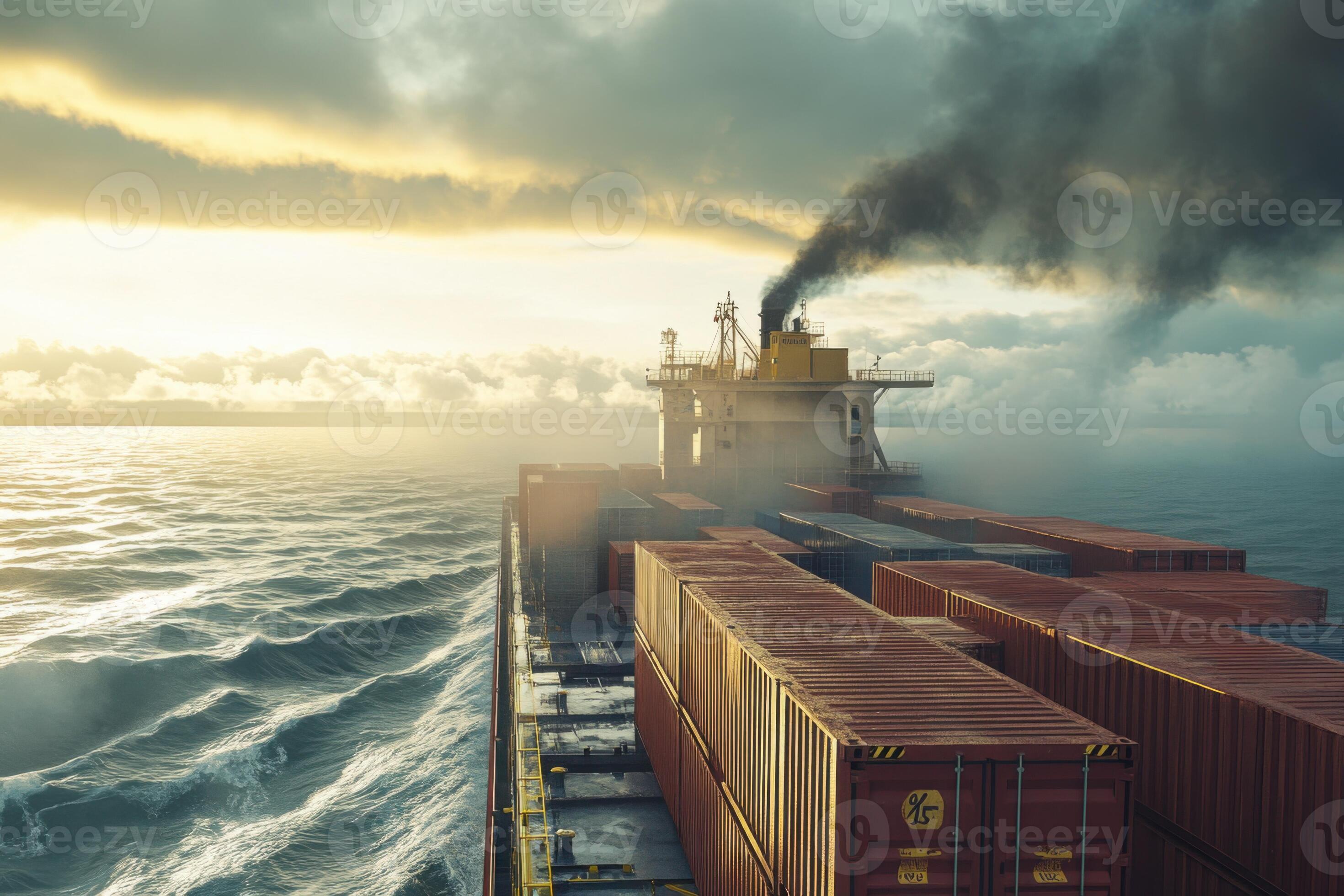 Cargo ship navigating through choppy waters with dark smoke billowing against a cloudy sunset ...
