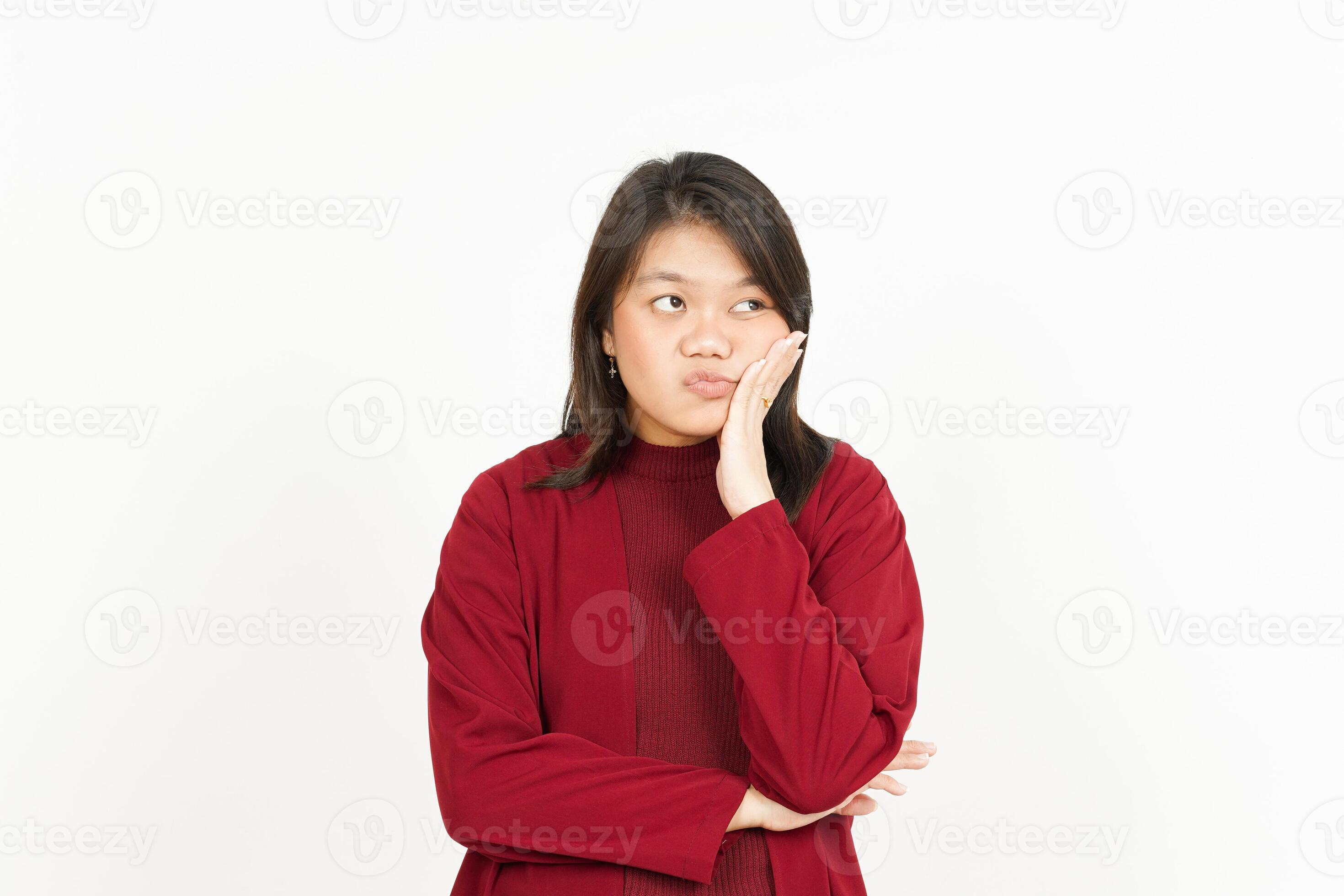 Boring Gesture Of Beautiful Asian Woman Wearing Red Shirt Isolated On ...