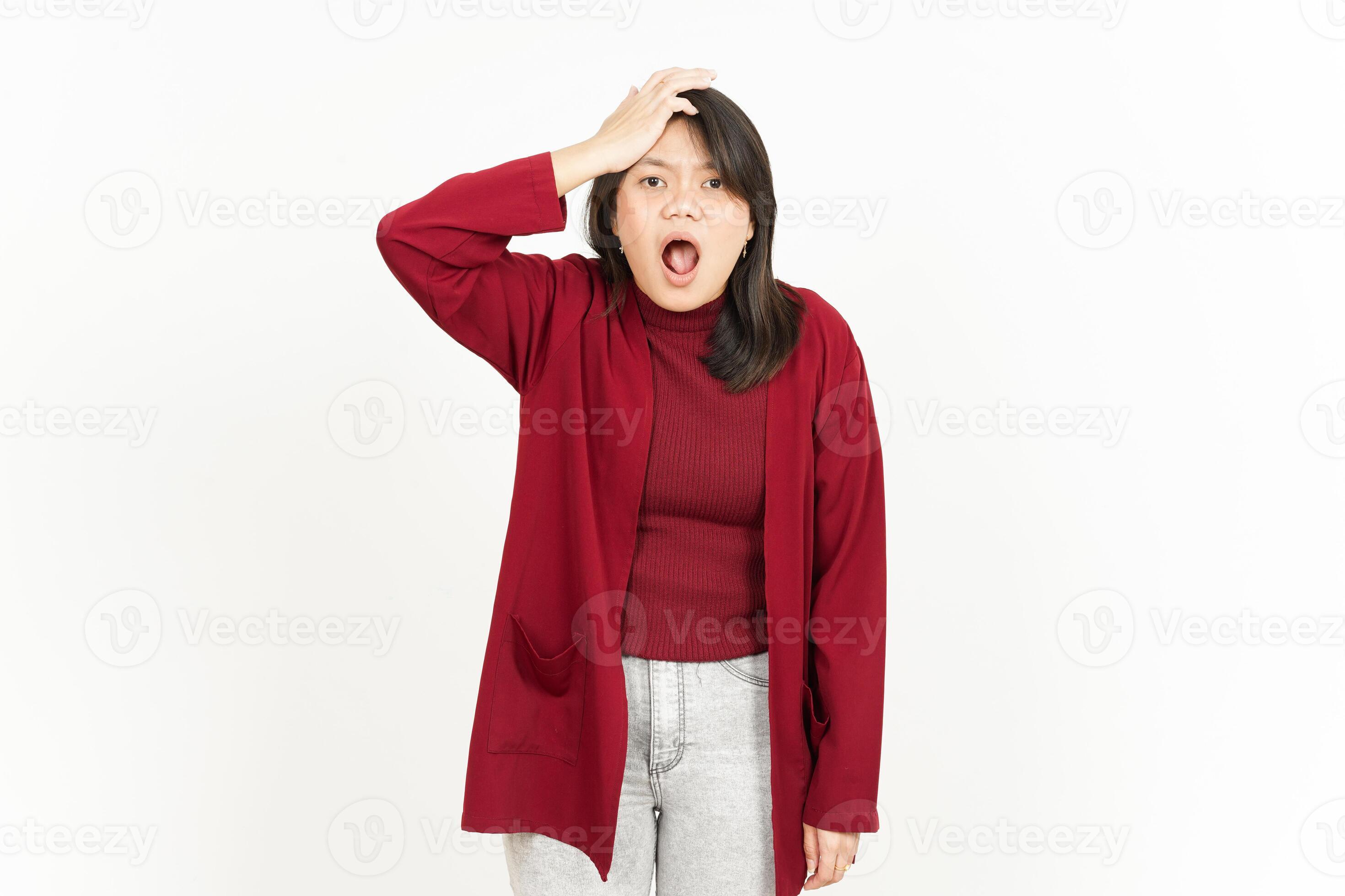 Forget Something gesture Of Beautiful Asian Woman Wearing Red Shirt ...