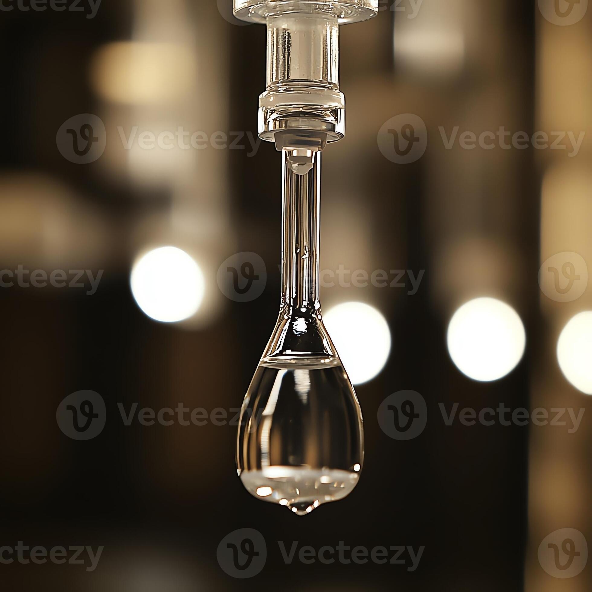 de cerca de un gotita suspendido desde un laboratorio vaso cuentagotas, con borroso luces en el ...