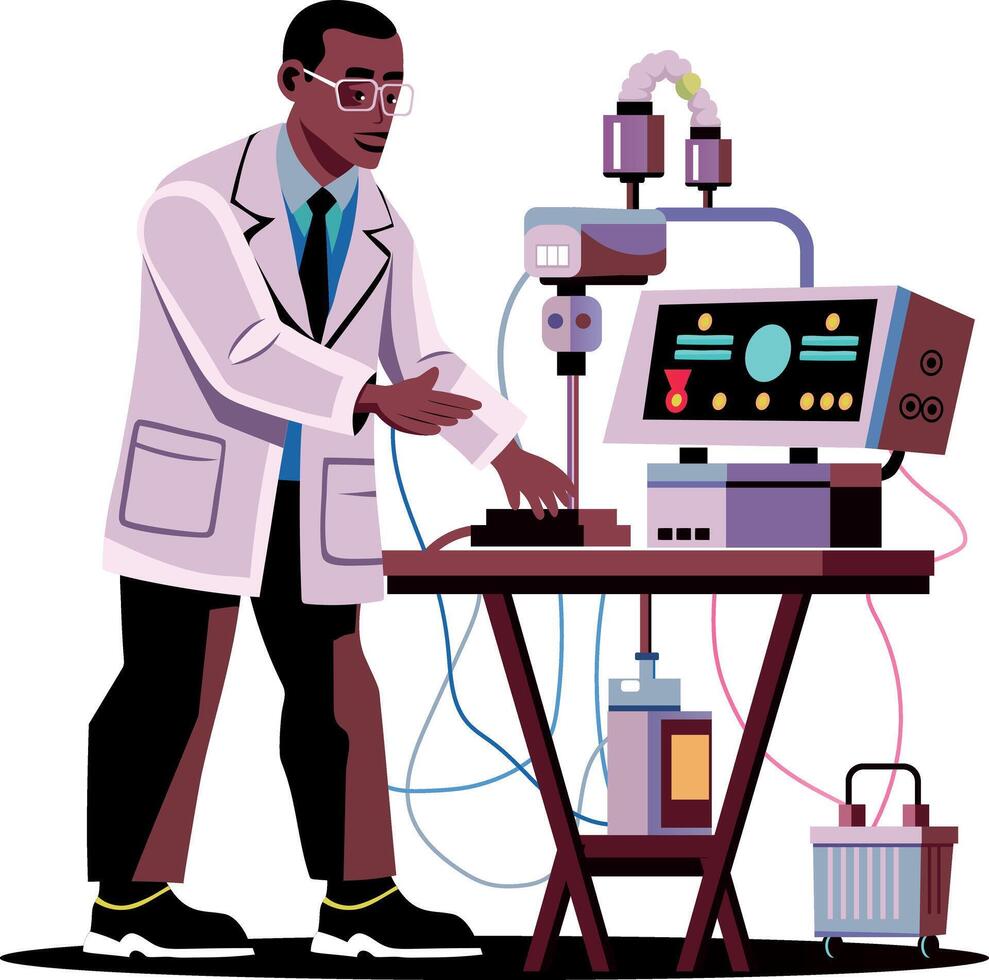 biomédico ingeniero operando un aparato con manos ilustración en plano ...