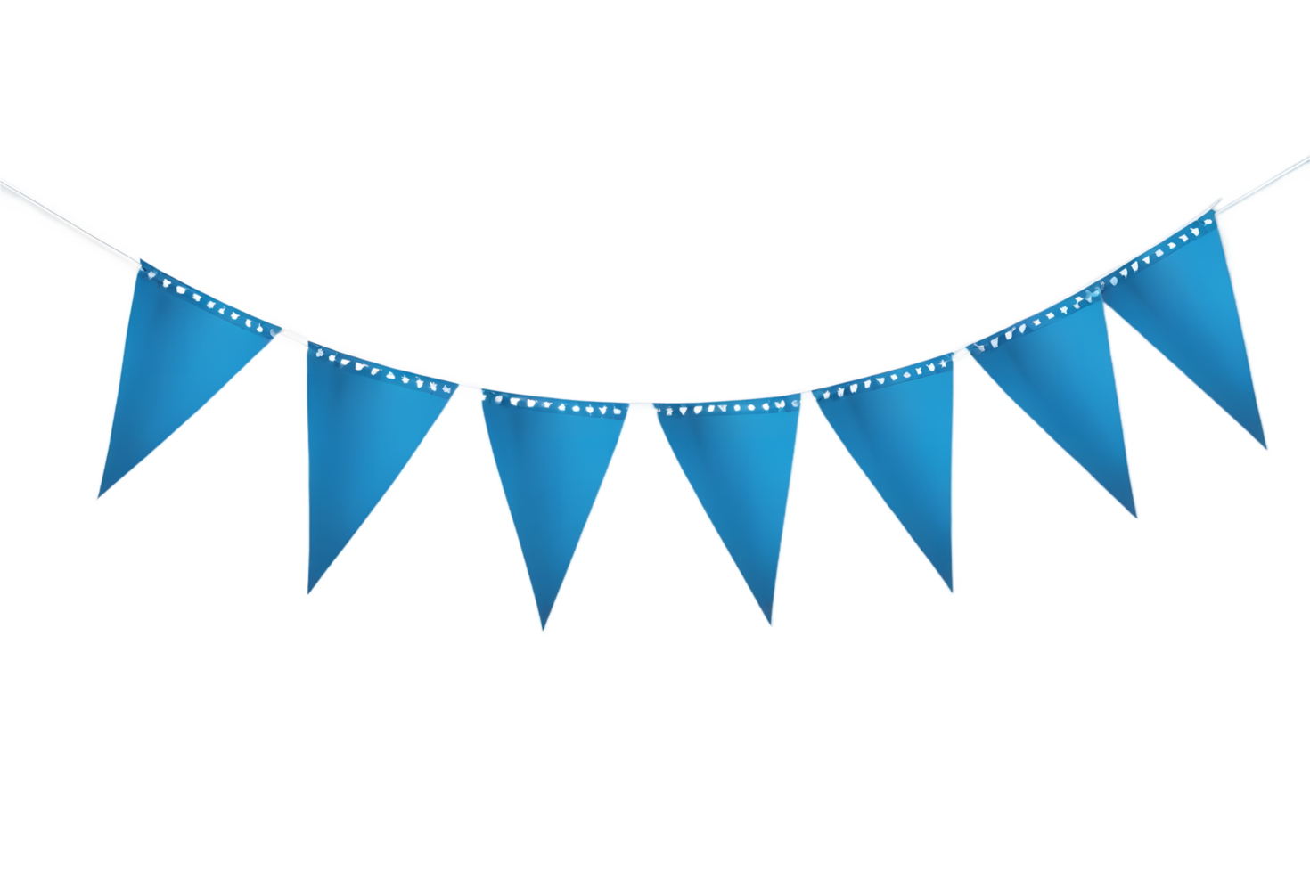 A festive string of blue triangle pennants on a transparent background ...