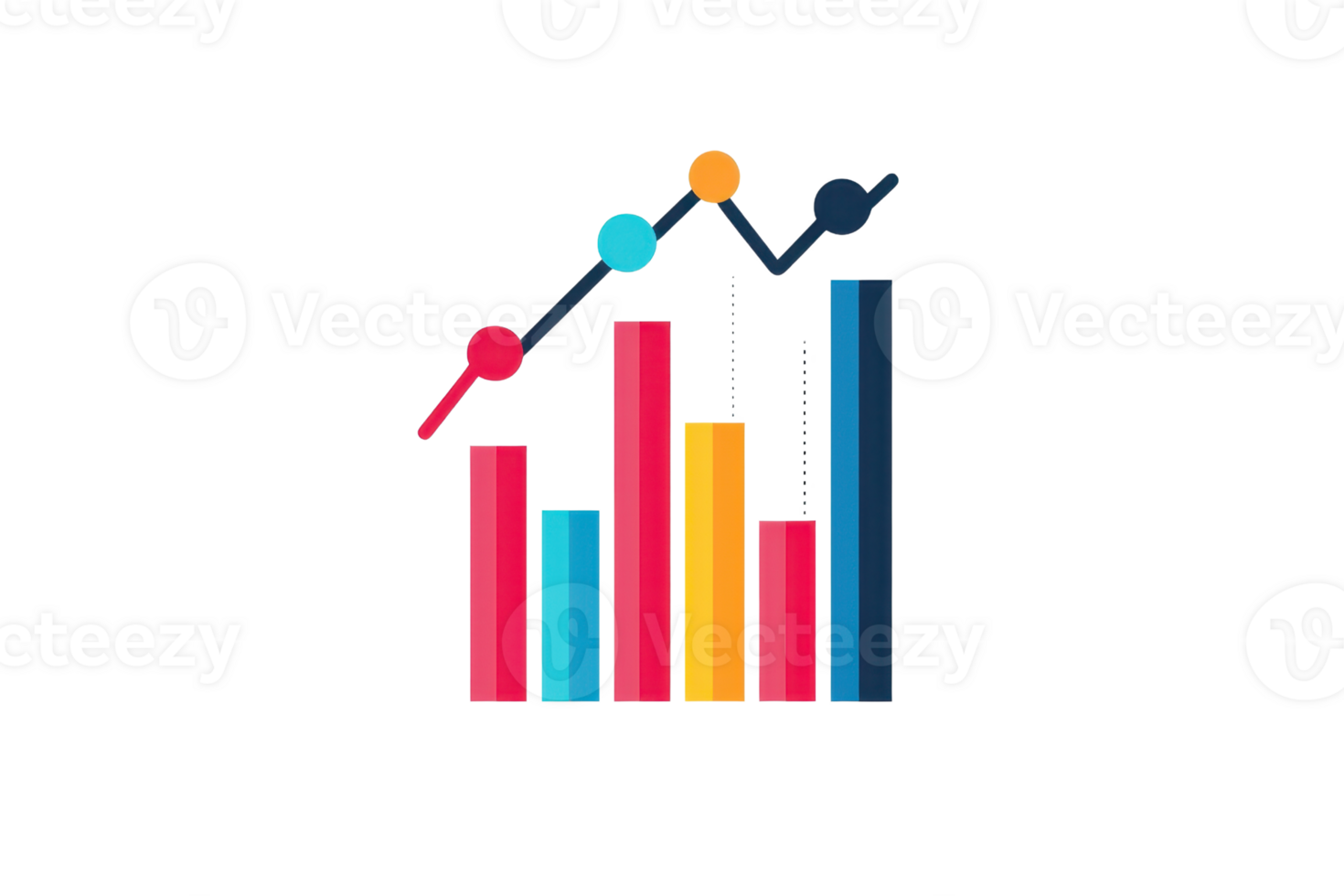 A colorful bar chart represents data trends and analytics with varying heights and a line graph ...
