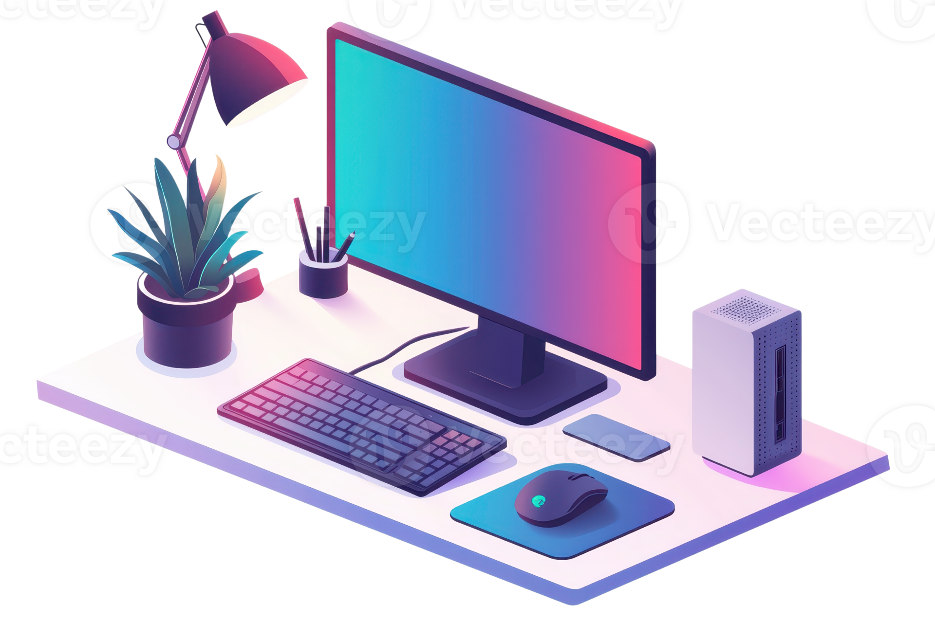A Modern Desktop Setup Featuring A Monitor Keyboard Mouse Lamp