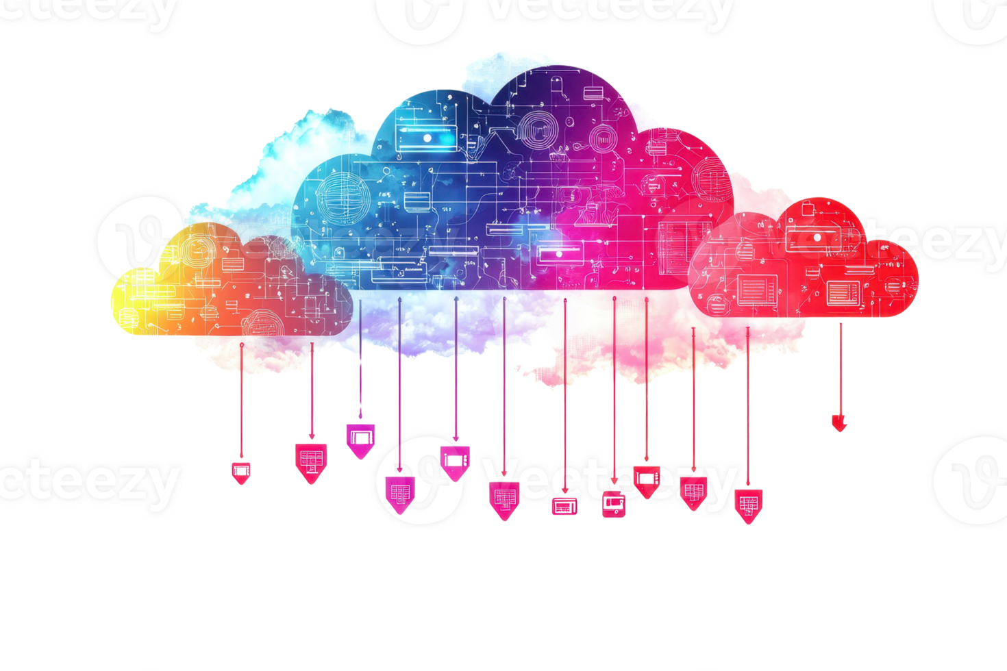 A vibrant cloud graphic featuring data symbols and security icons ... A vibrant cloud graphic featuring data symbols and security icons ...