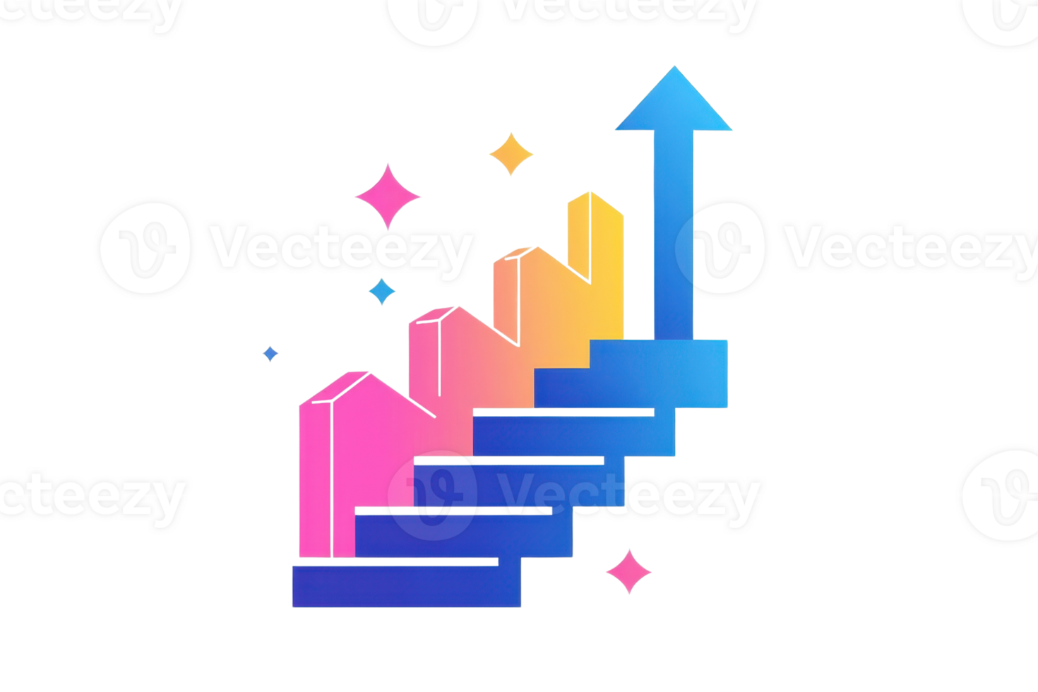 A colorful, stylized stairway with ascending steps leading to an upward arrow, symbolizing ...