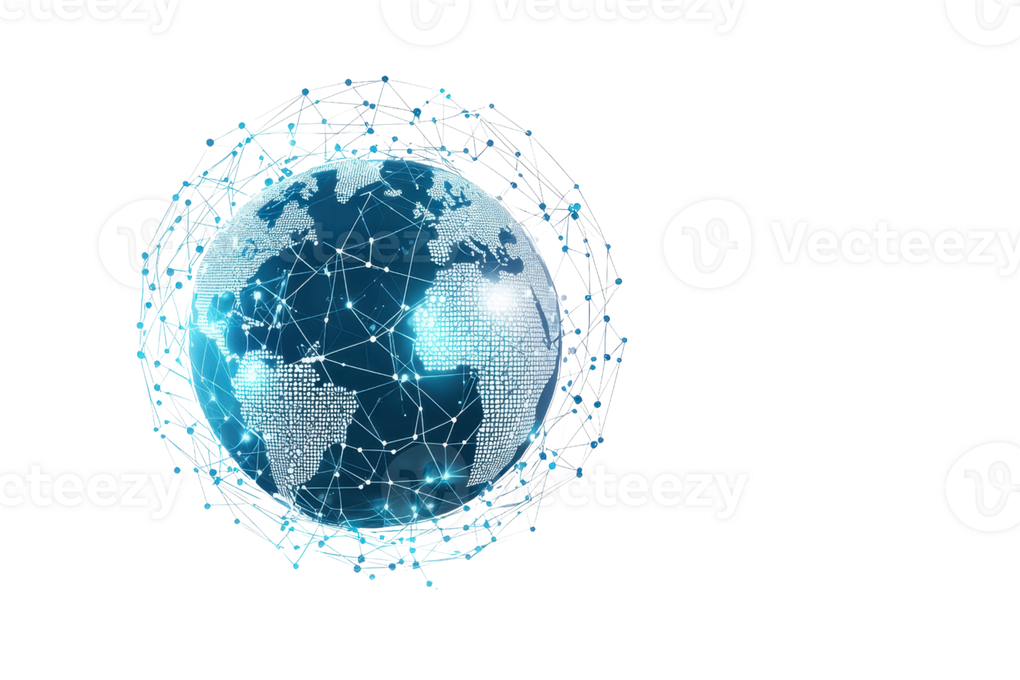 A digital representation of Earth connected by a network of nodes and lines, illustrating global ...