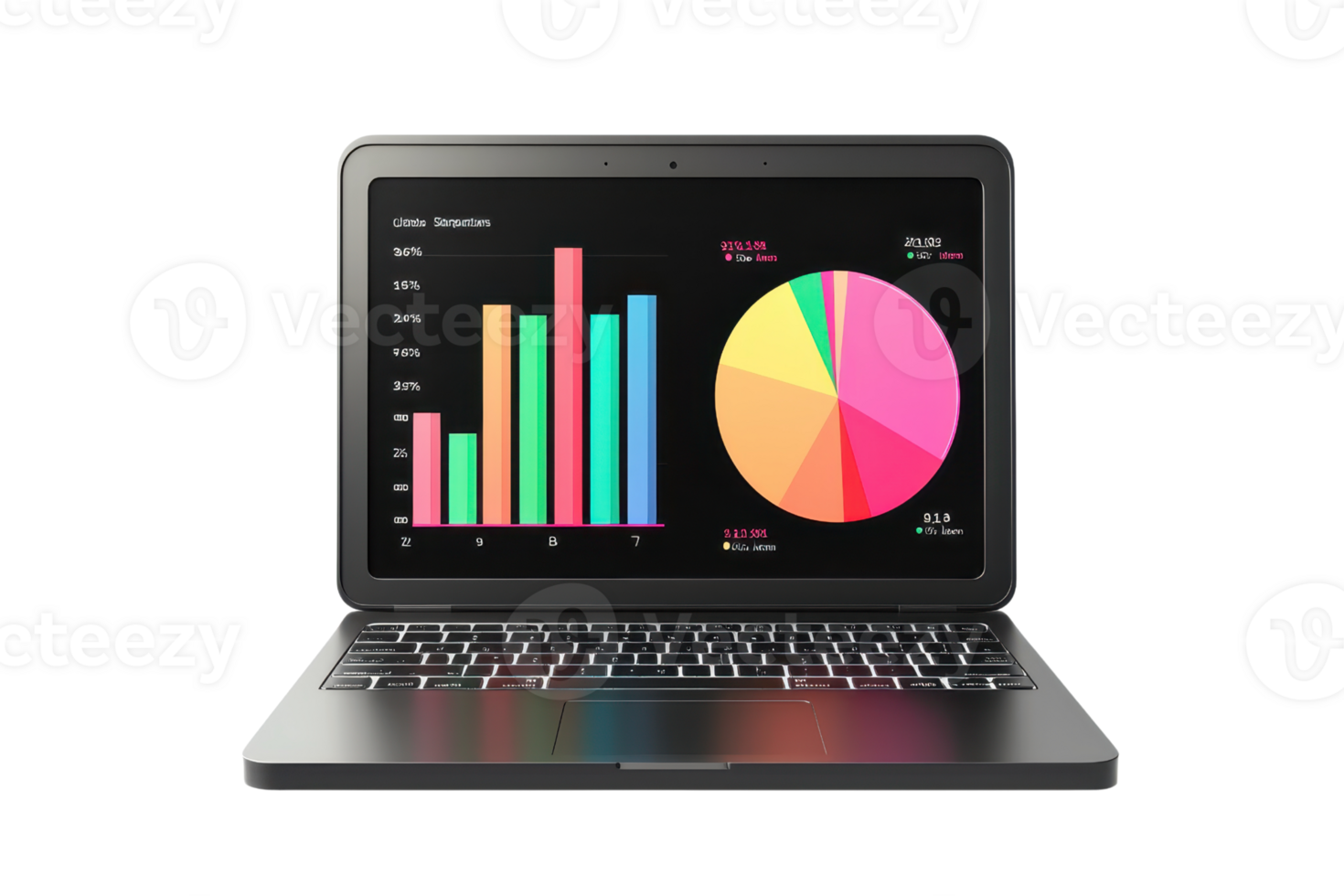 A Laptop Displaying Colorful Bar Graphs And Pie Charts Showcasing Data