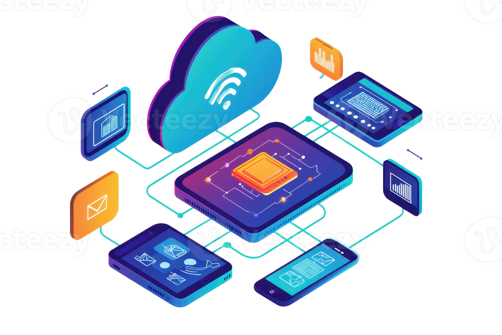 A Vibrant Cloud Computing Illustration Showcasing Interconnected Devices And A Central Processor