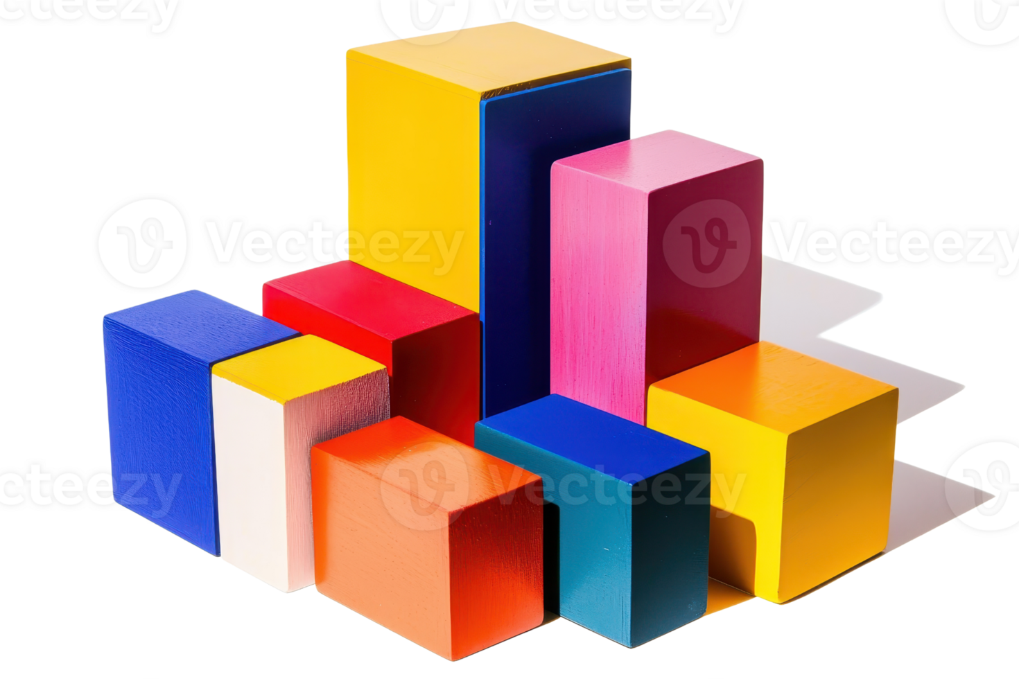 Colorful geometric blocks arranged in various heights and sizes, showcasing a vibrant and ...