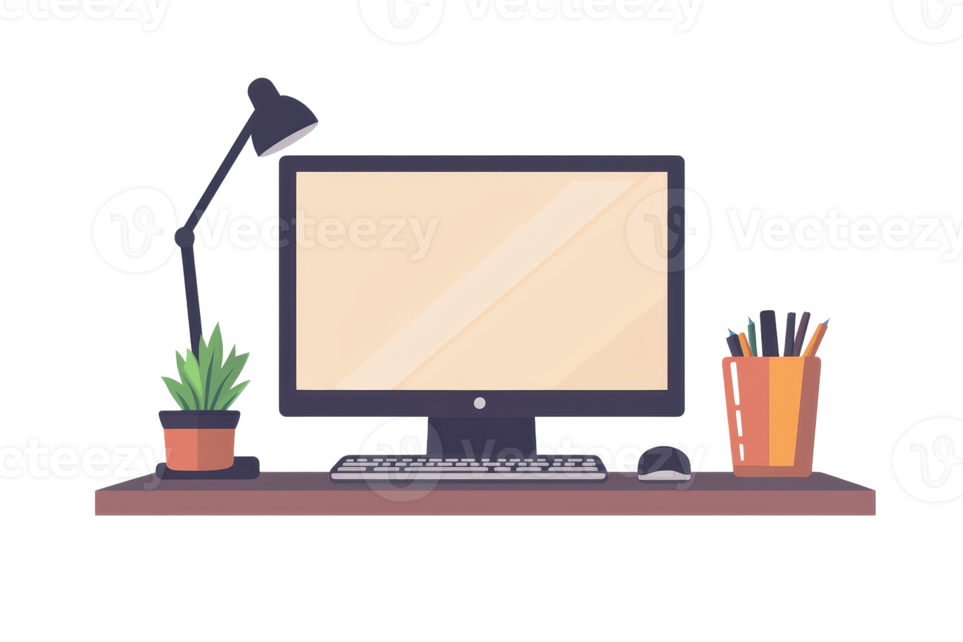 A Modern Desk Setup Featuring A Computer Monitor Keyboard Lamp Potted Plant And A Container