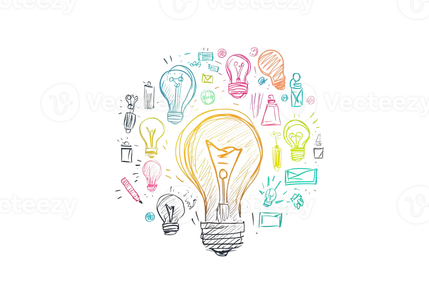A colorful illustration of a light bulb surrounded by various drawn ...