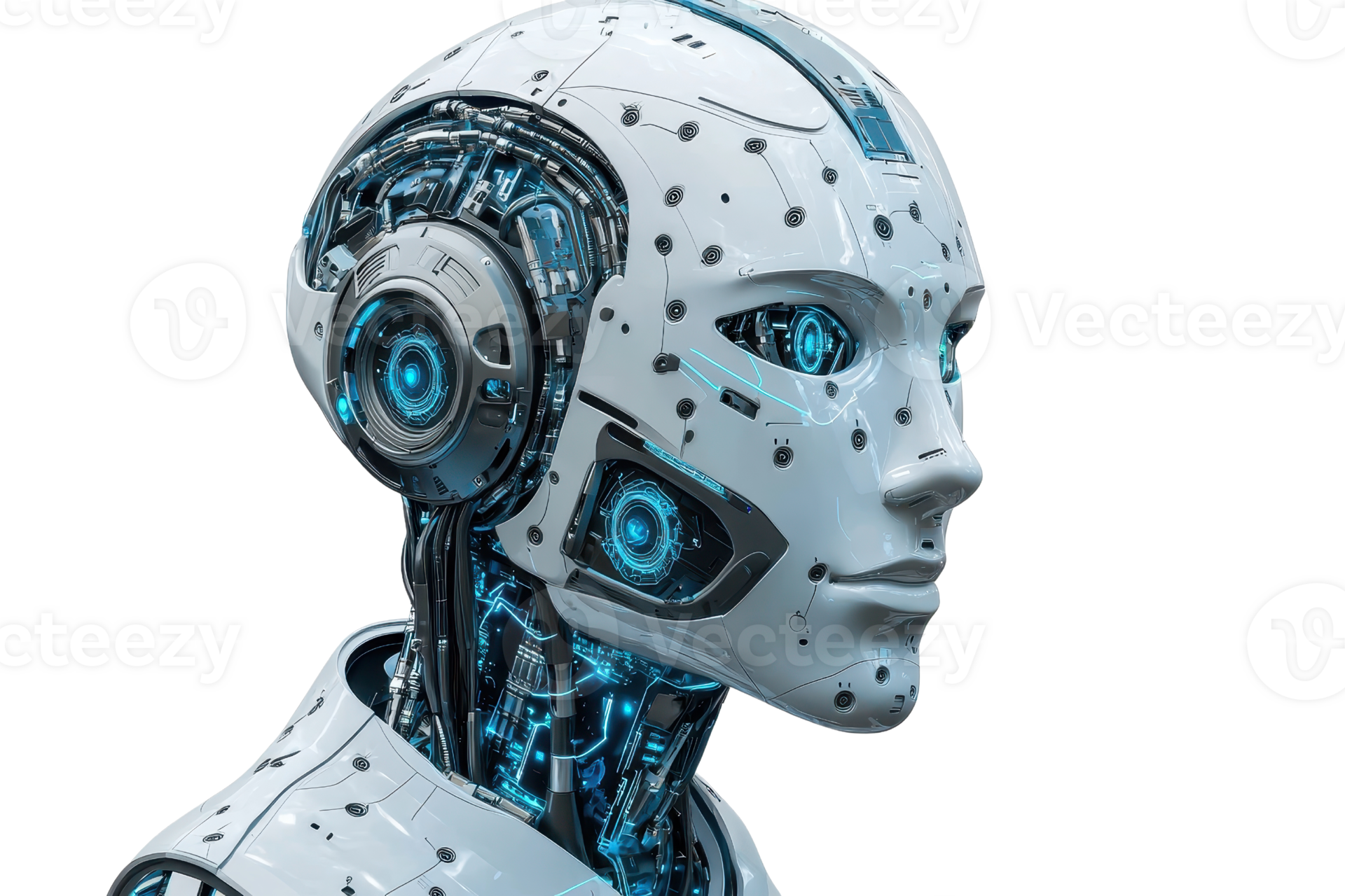 A highly detailed humanoid robot head featuring futuristic elements, blue accents, and visible ...