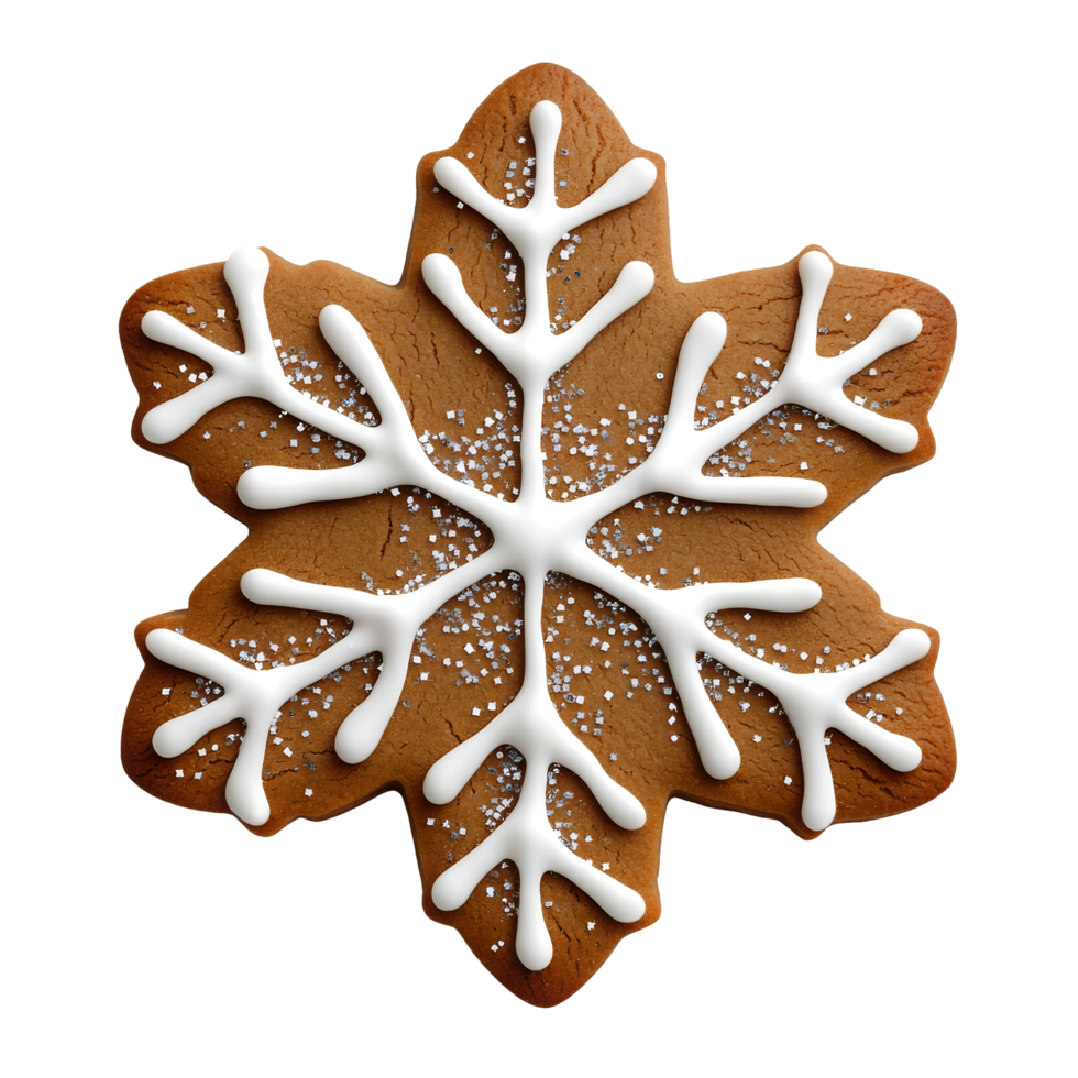 uma belas decorado em forma de floco de neve Pão de gengibre bolacha com branco gelo e ...