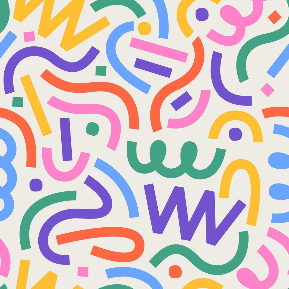 Childish pattern with colorful curves and geometric shapes. Fun and colorful seamless geometric ...