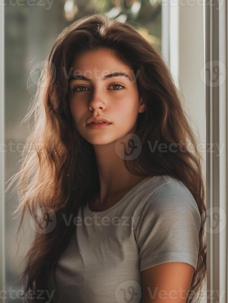Portrait of attractive young woman with long brown hair posing by ...