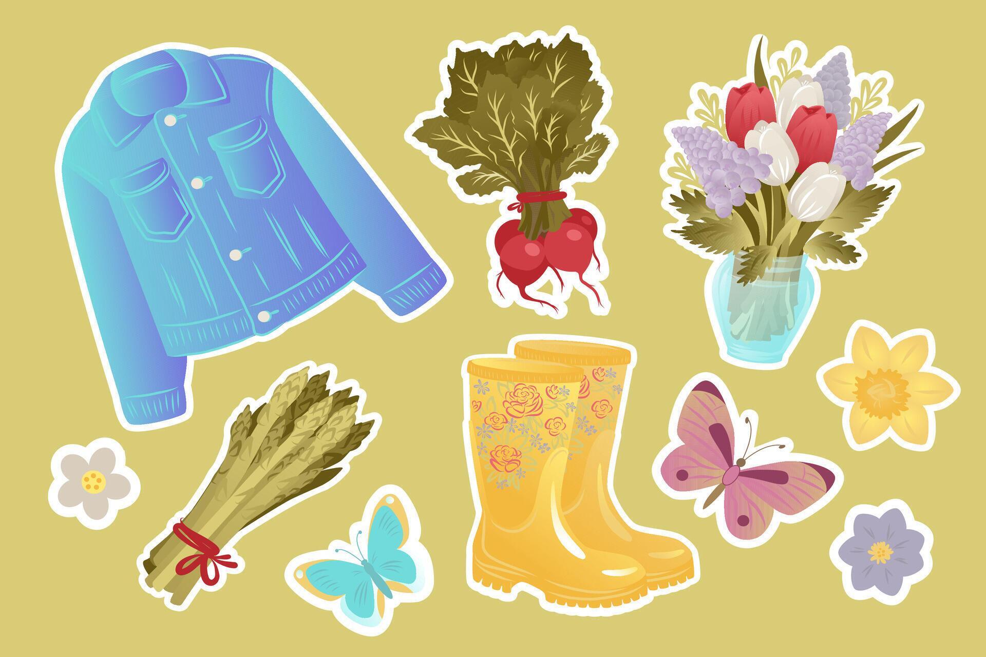 Set of spring-themed illustrations including a denim jacket, yellow ...