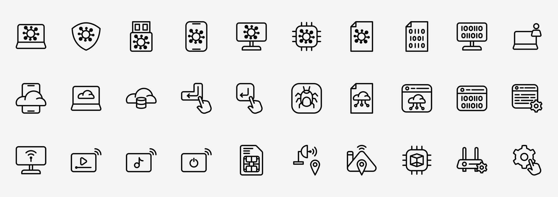 Icon set tech information include coding, pogrammer, malware, network ...