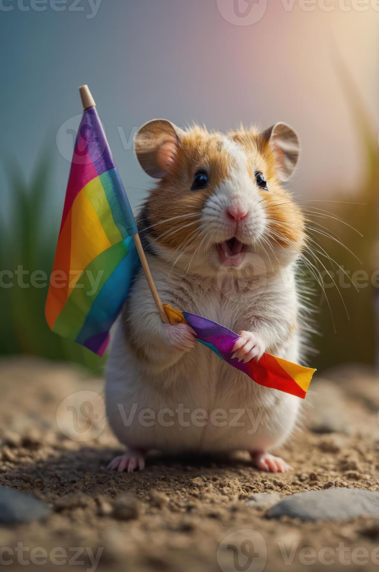 A hamster joyfully holding a rainbow flag, symbolizing pride and ...