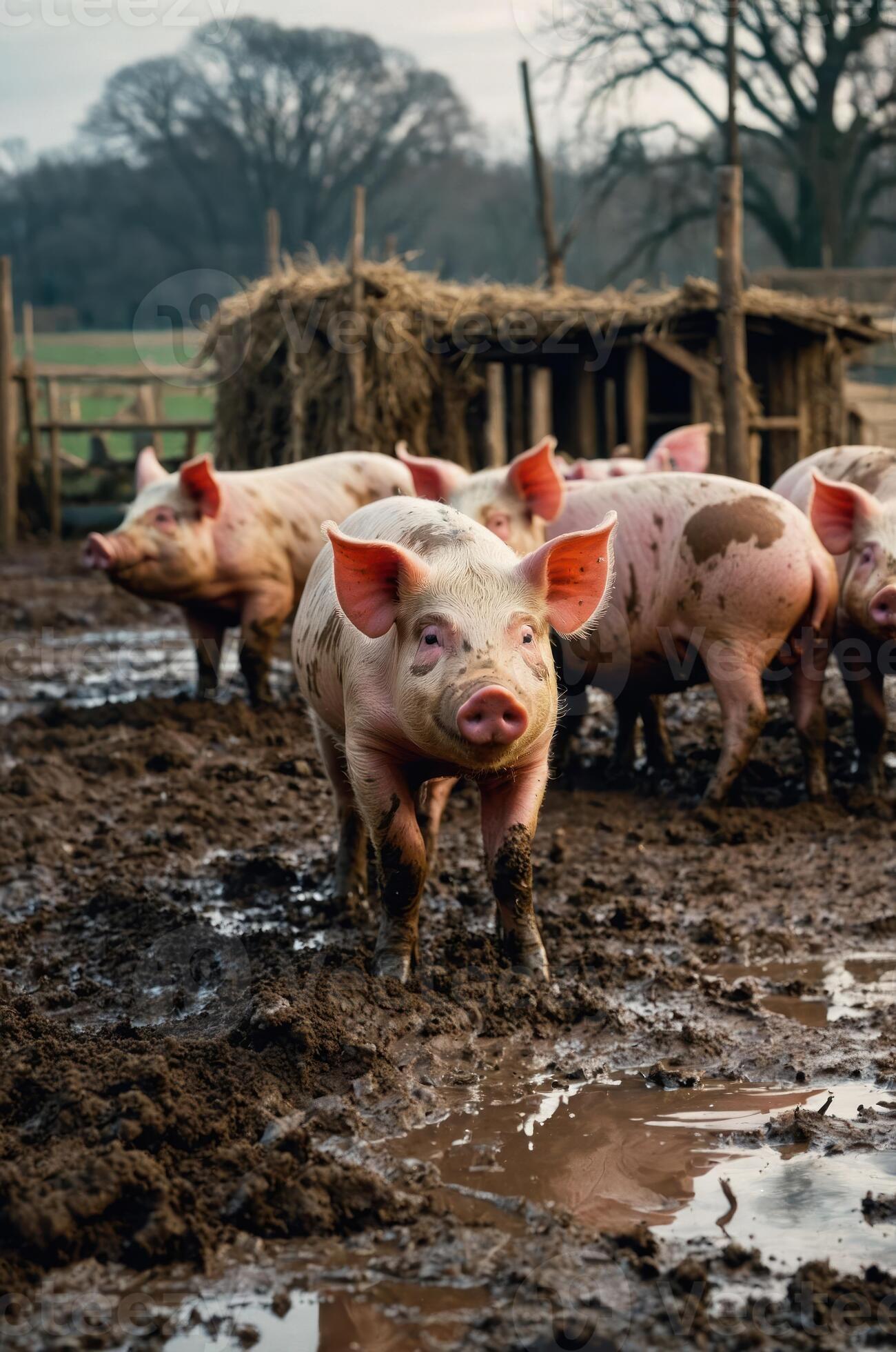 A group of pigs in a muddy farmyard with a rustic structure in the ...