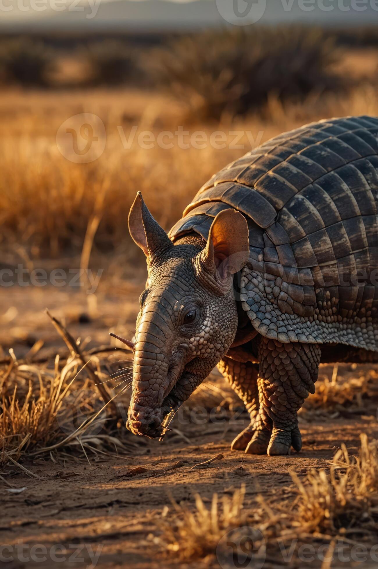 A close-up of an armadillo foraging in a dry, grassy landscape during golden hour. 53994328 ...