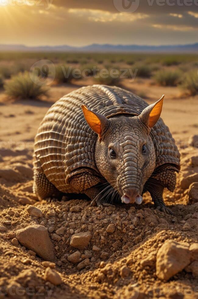 A close-up of an armadillo in a desert landscape during sunset. 53995132 Stock Photo at Vecteezy