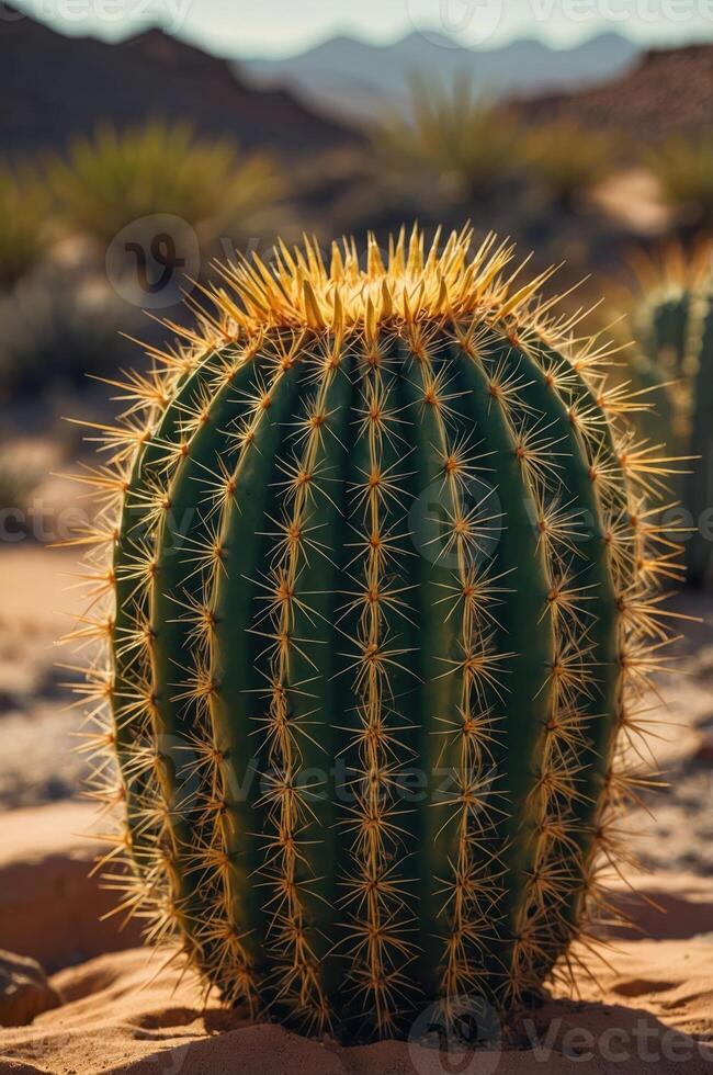 A vibrant cactus with sharp spines, set against a desert landscape. 53998741 Stock Photo at Vecteezy