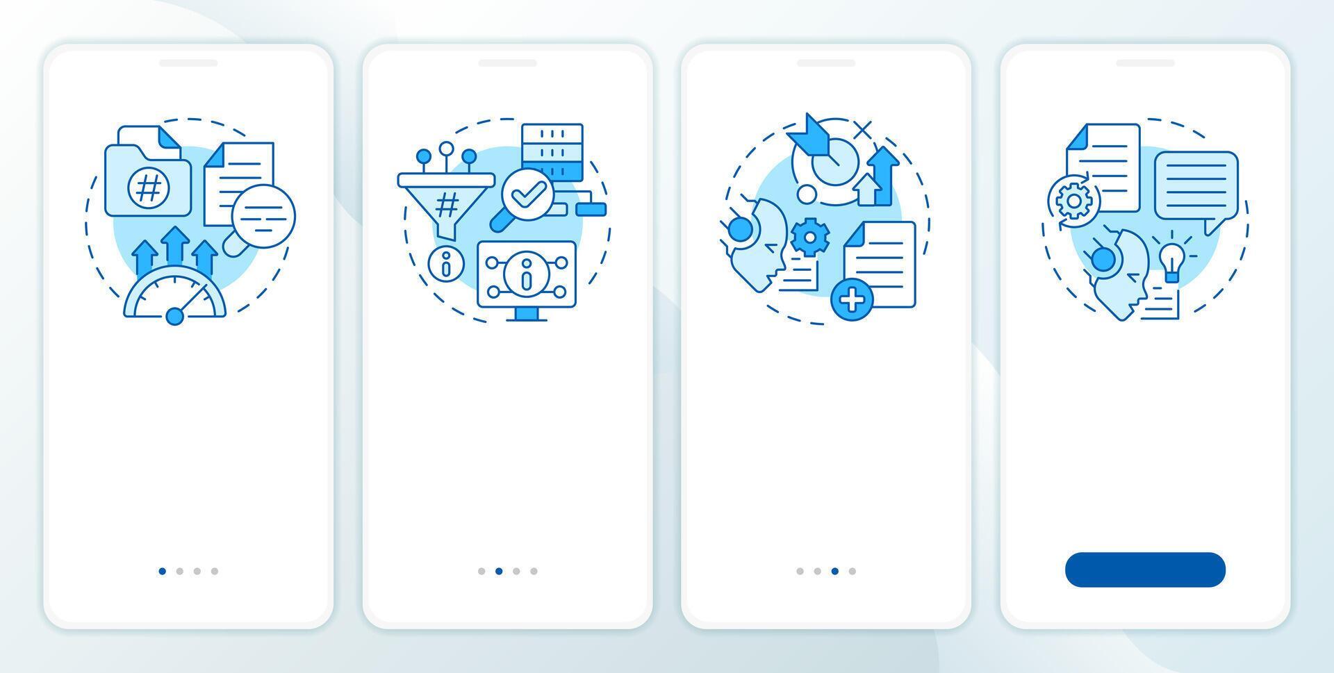 RAG process blue onboarding mobile app screen. Information walkthrough 4 steps editable graphic ...