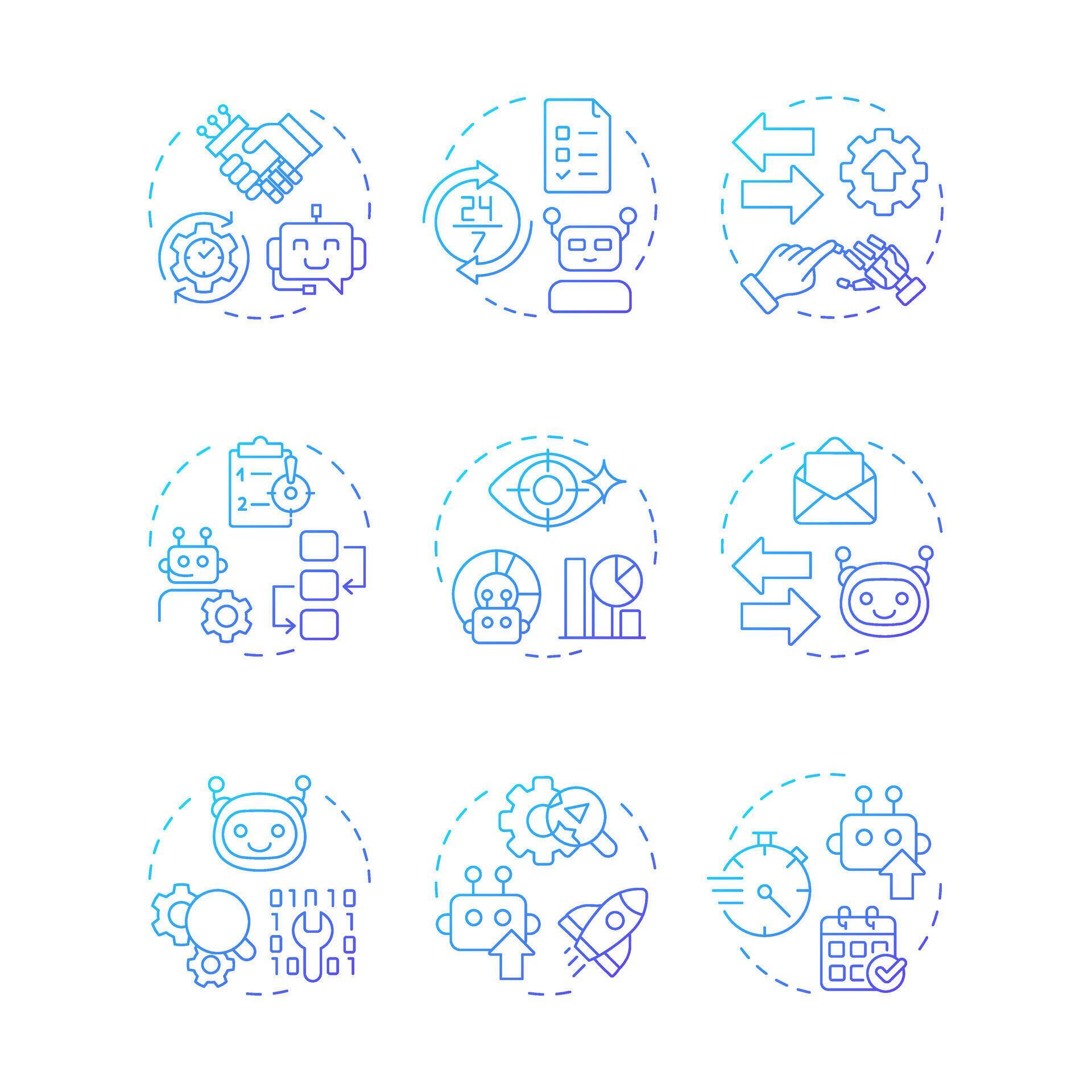 Robotic process automation blue gradient concept icons. Workflows digitalization technology. RPA ...