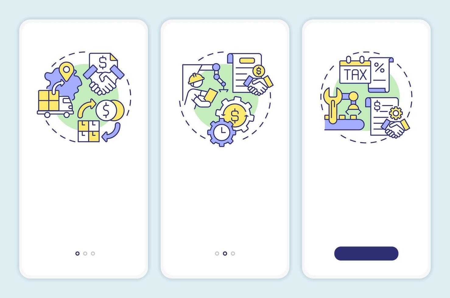 Manufacturing Costs Onboarding Mobile App Screen Walkthrough 3 Steps Editable Graphic