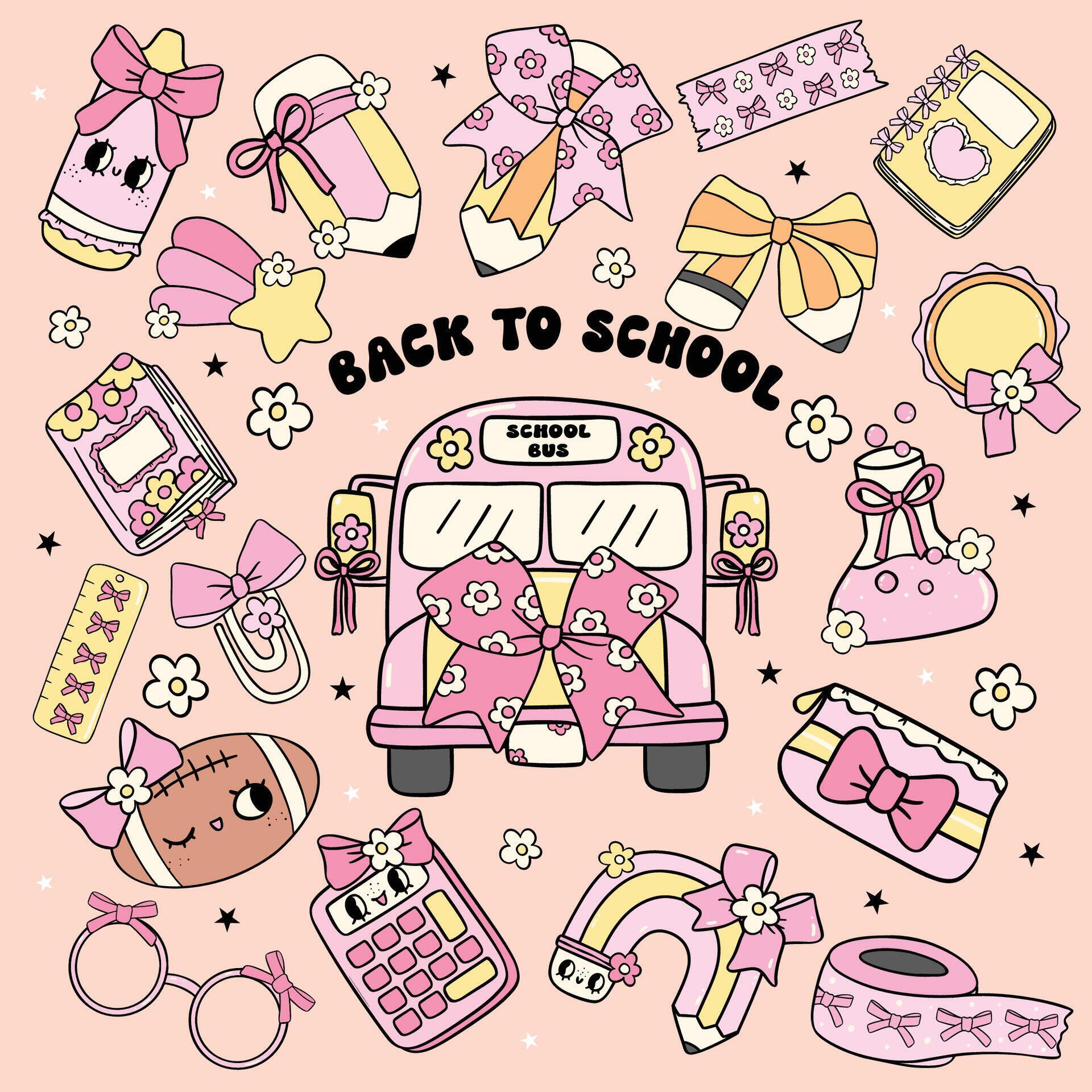 Pastel Back to School Clipart Cute Coquette School Supplies with Bow ...