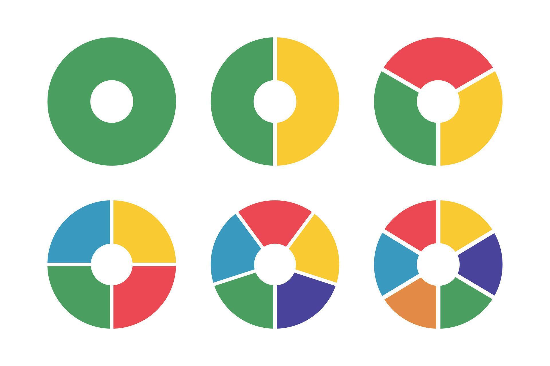 Donut charts segmented on equal parts. Diagrams infographic multicoloured. Wheels divided in ...