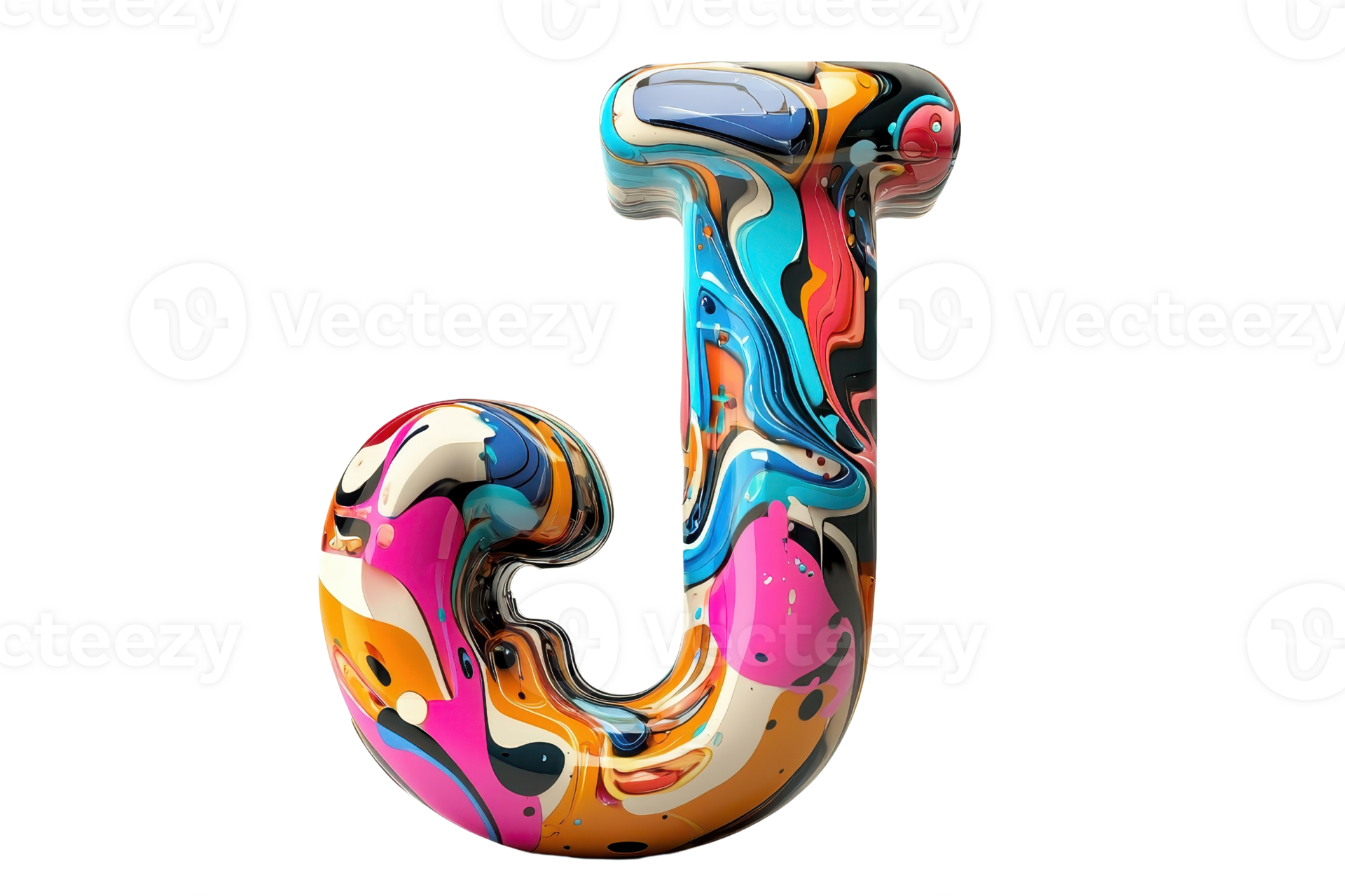 A colorful, artistic letter J featuring vibrant swirls of blue, pink, orange, and yellow ...