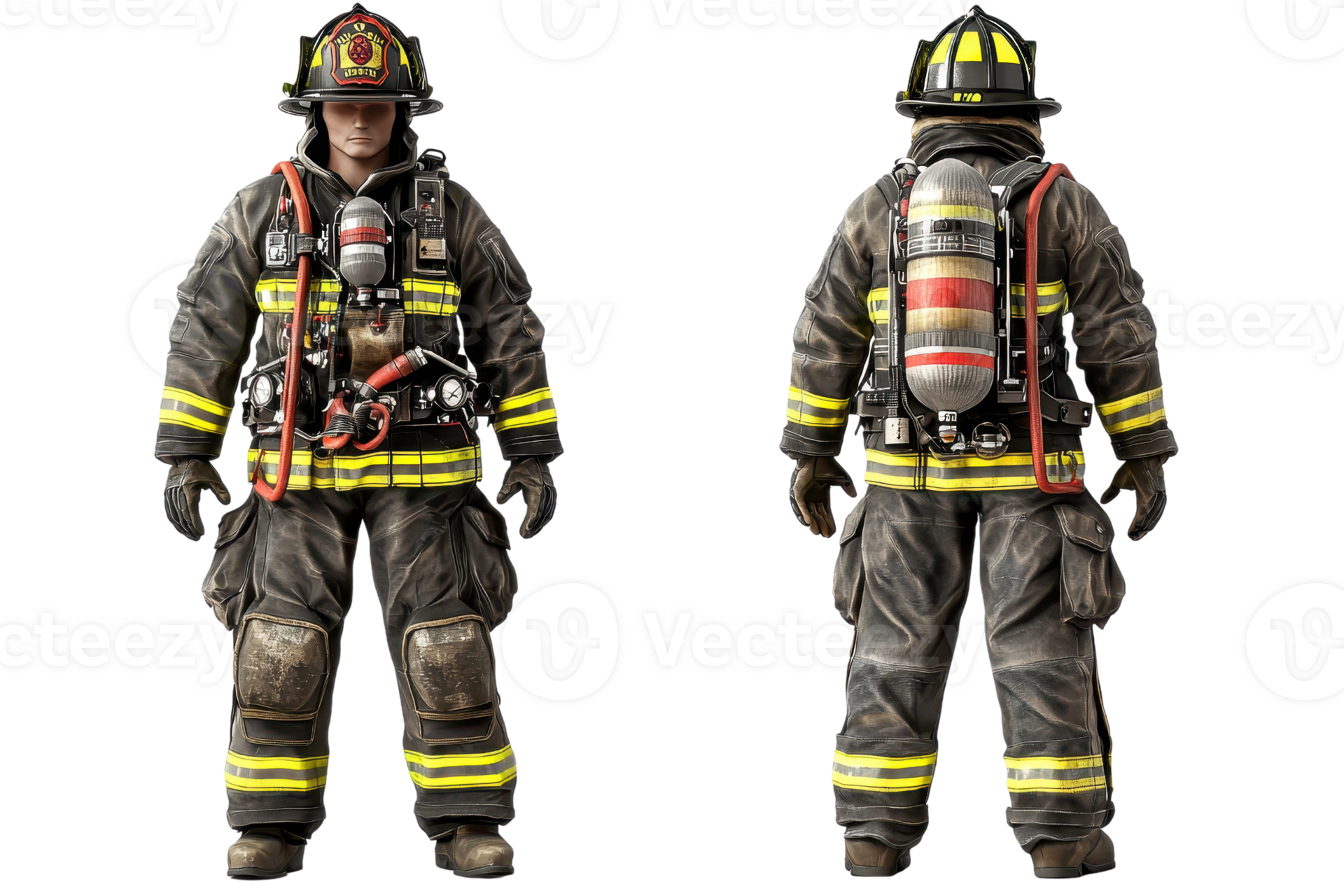 A firefighter in a detailed suit equipped with essential gear for fire ...