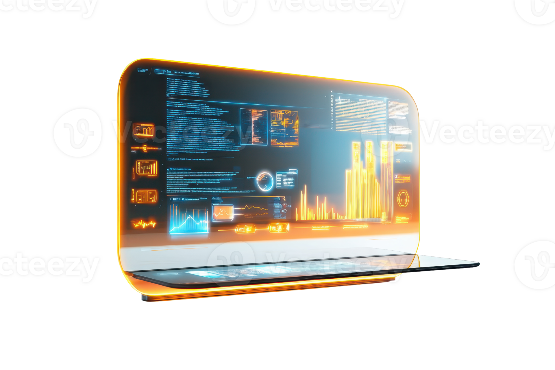 A sleek, futuristic digital display showcasing various data visualizations and graphs in vibrant ...