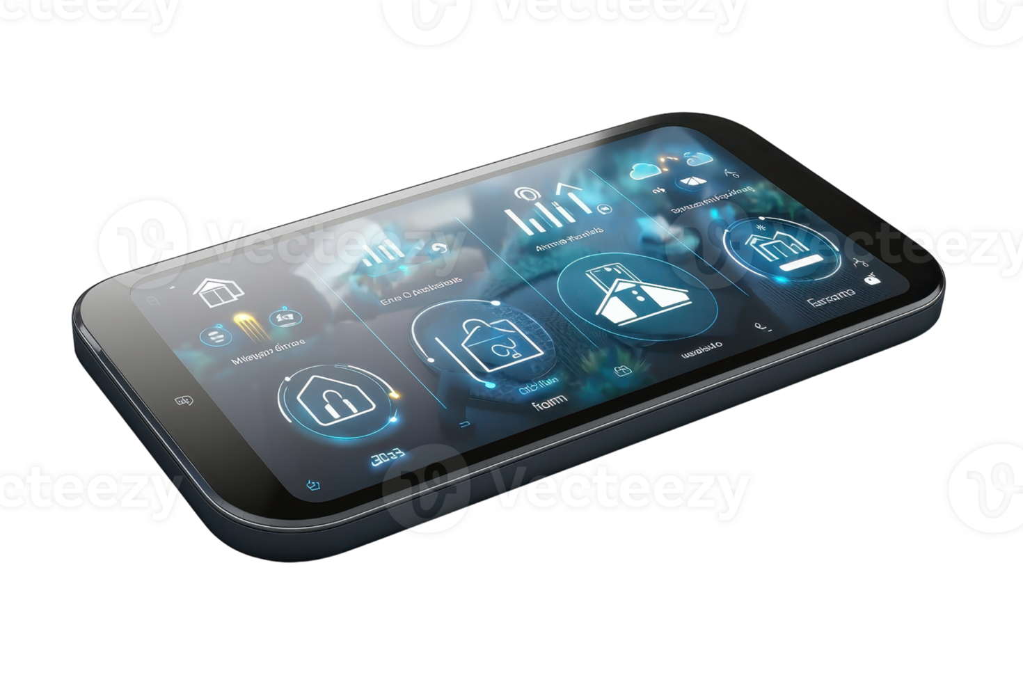 A sleek smartphone displaying a modern user interface with various digital icons and data ...