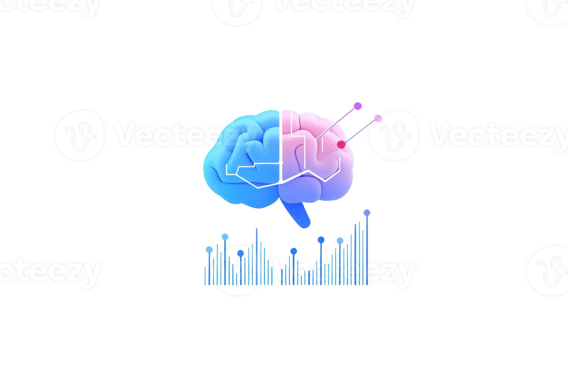 A stylized brain illustration with vibrant colors, featuring data points and graphs that ...