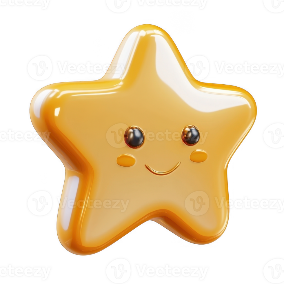 Cute 3d icon happy star emoji character with blushing cheeks and large eyes, set against a ...